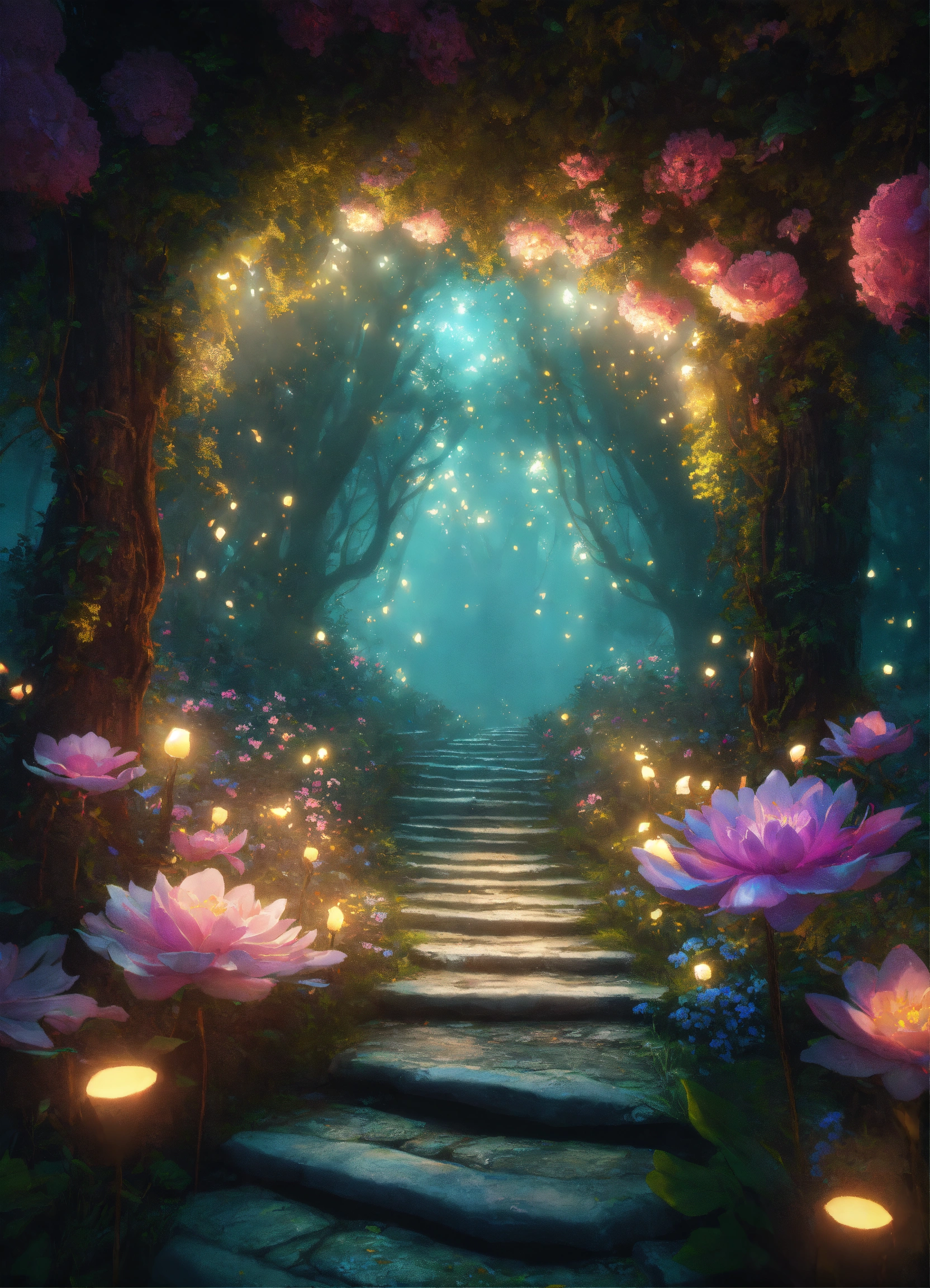 Lexica - A path through enchanted woods with gigantic enchanted flowers ...