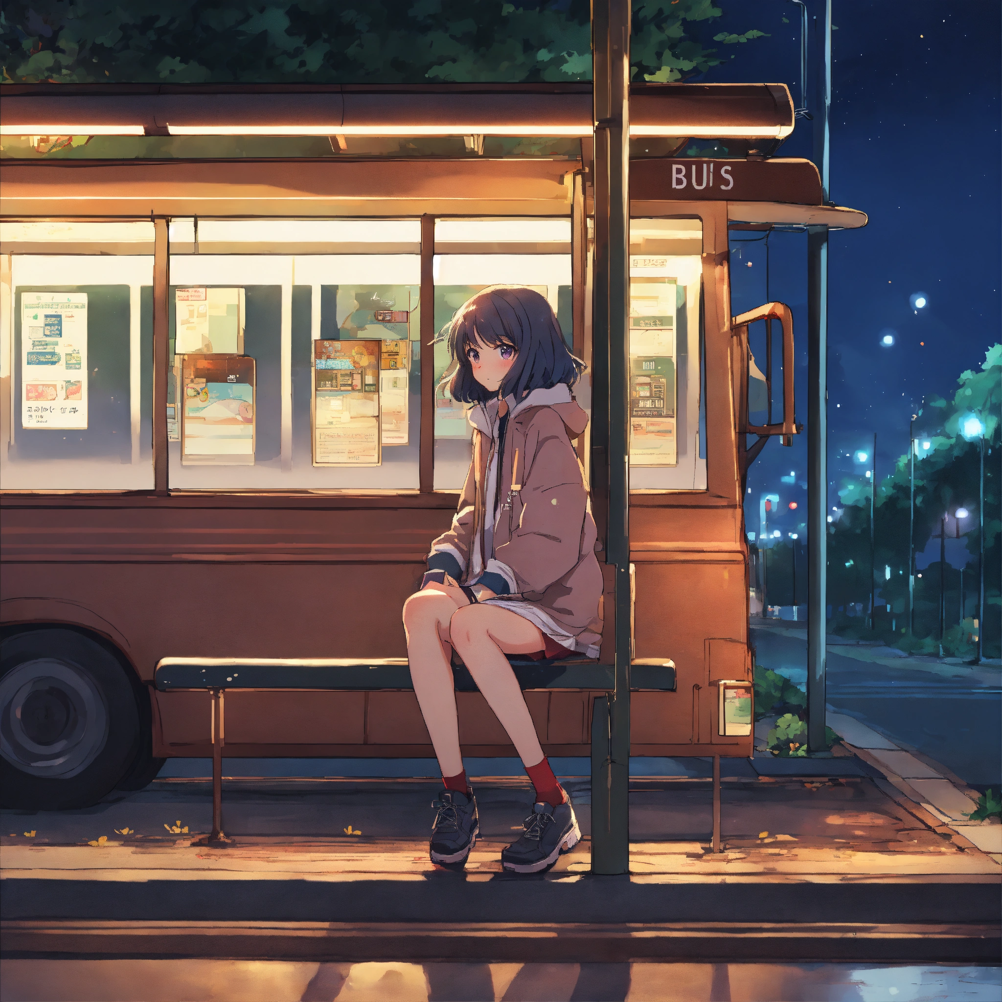 Lexica - A cute anime lofi girl waits at an empty bus stop at night