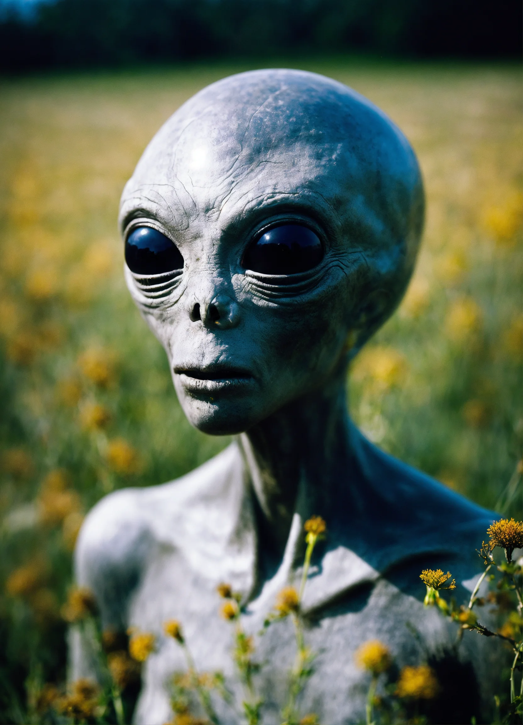 Lexica - Very creepy grey alien floating above the ground in a field ...