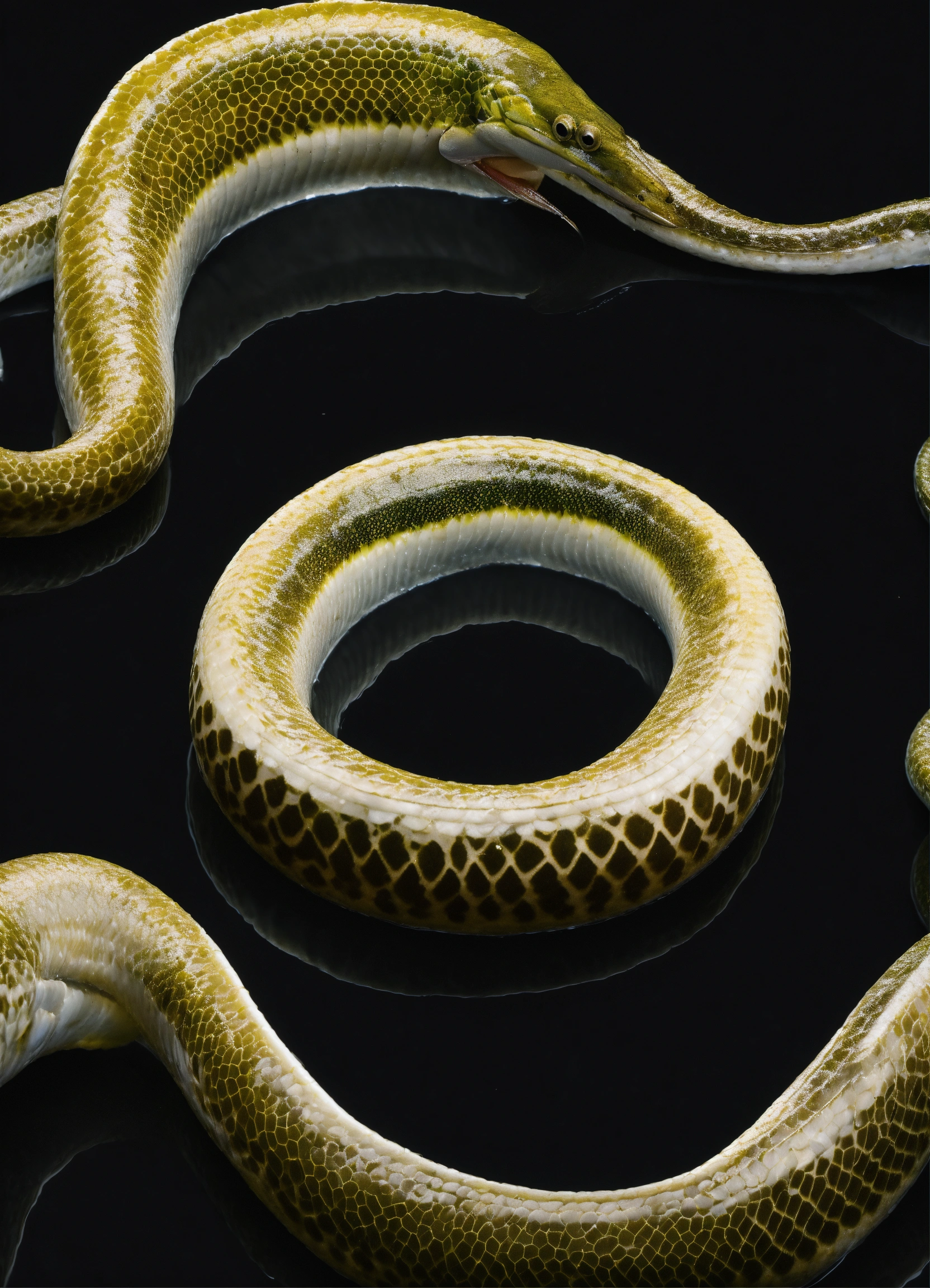 Lexica - White eel back from above swimming black background photo ...