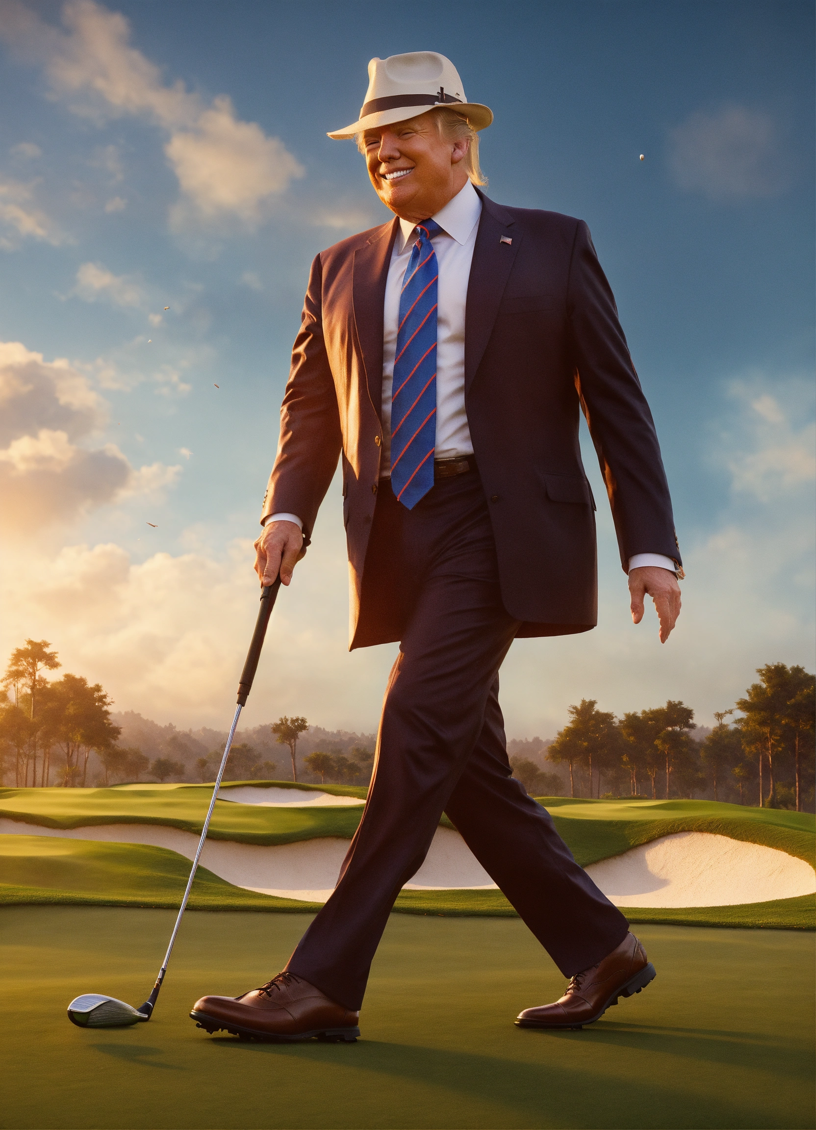 Lexica - Donald trump on a golf course, wearing a fedora, forward ...