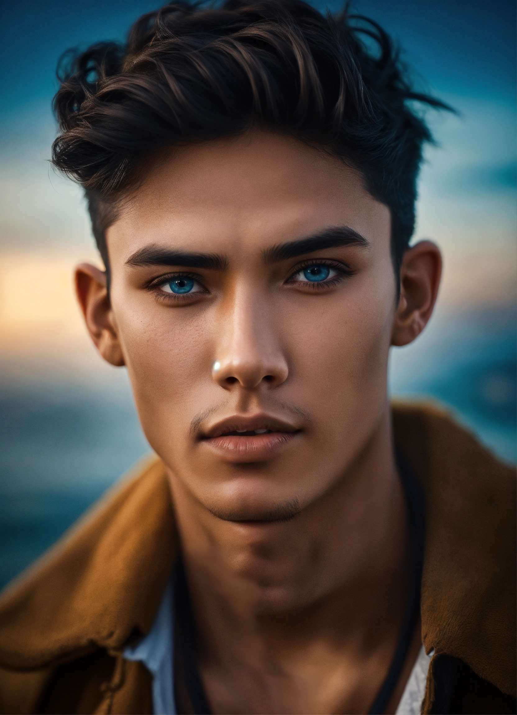 Lexica - Young man; Deep caramel tan skin, angular features; sharp ...