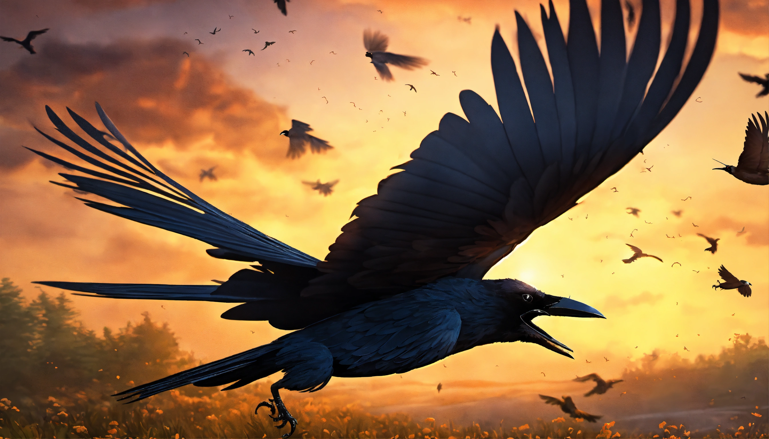 Lexica - Generate an image of flock of crow flying in sky , 3d cartoon ...