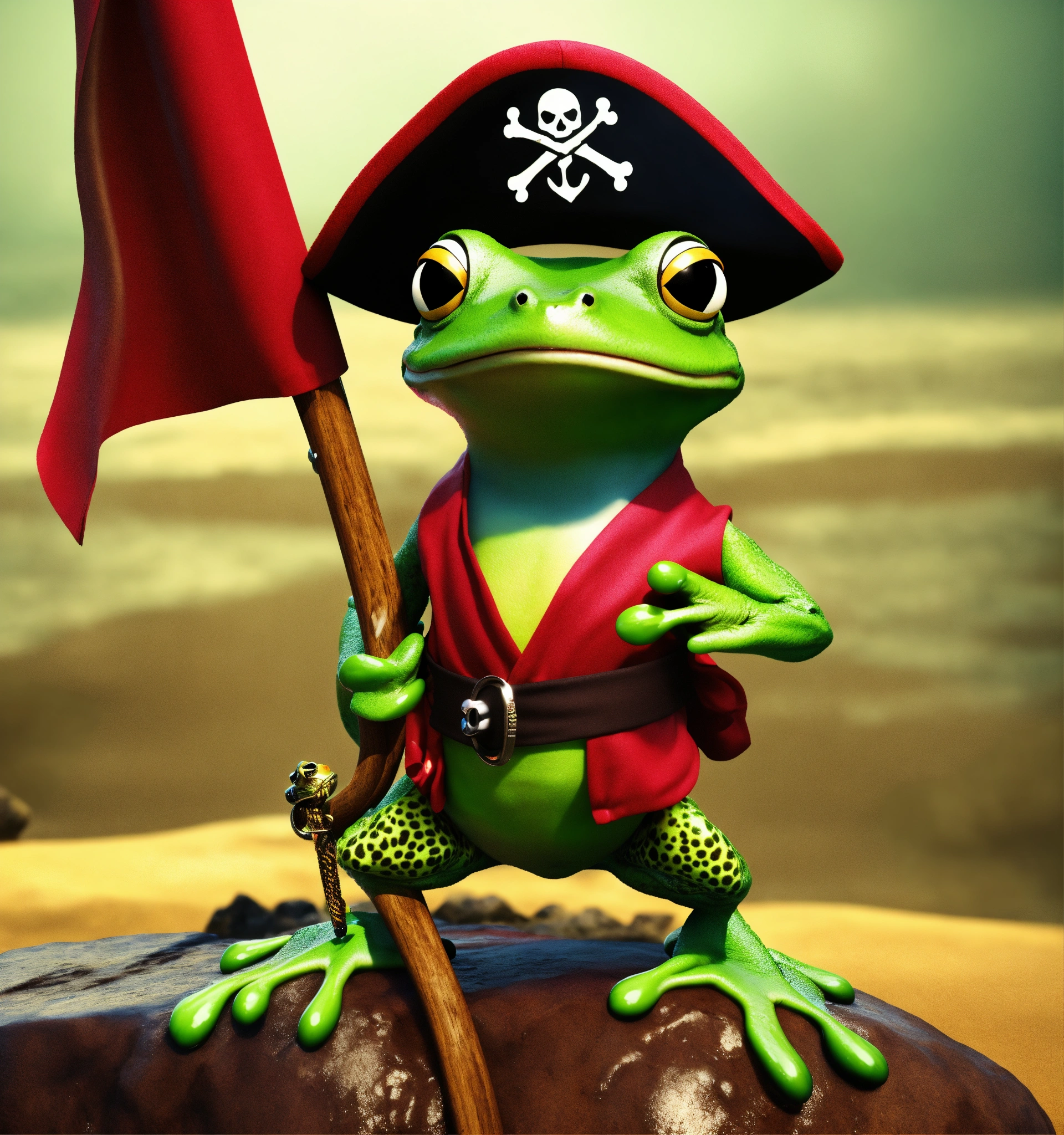 Lexica - Pirate frog, wearing a pirate hat, holding a pirate flag ...