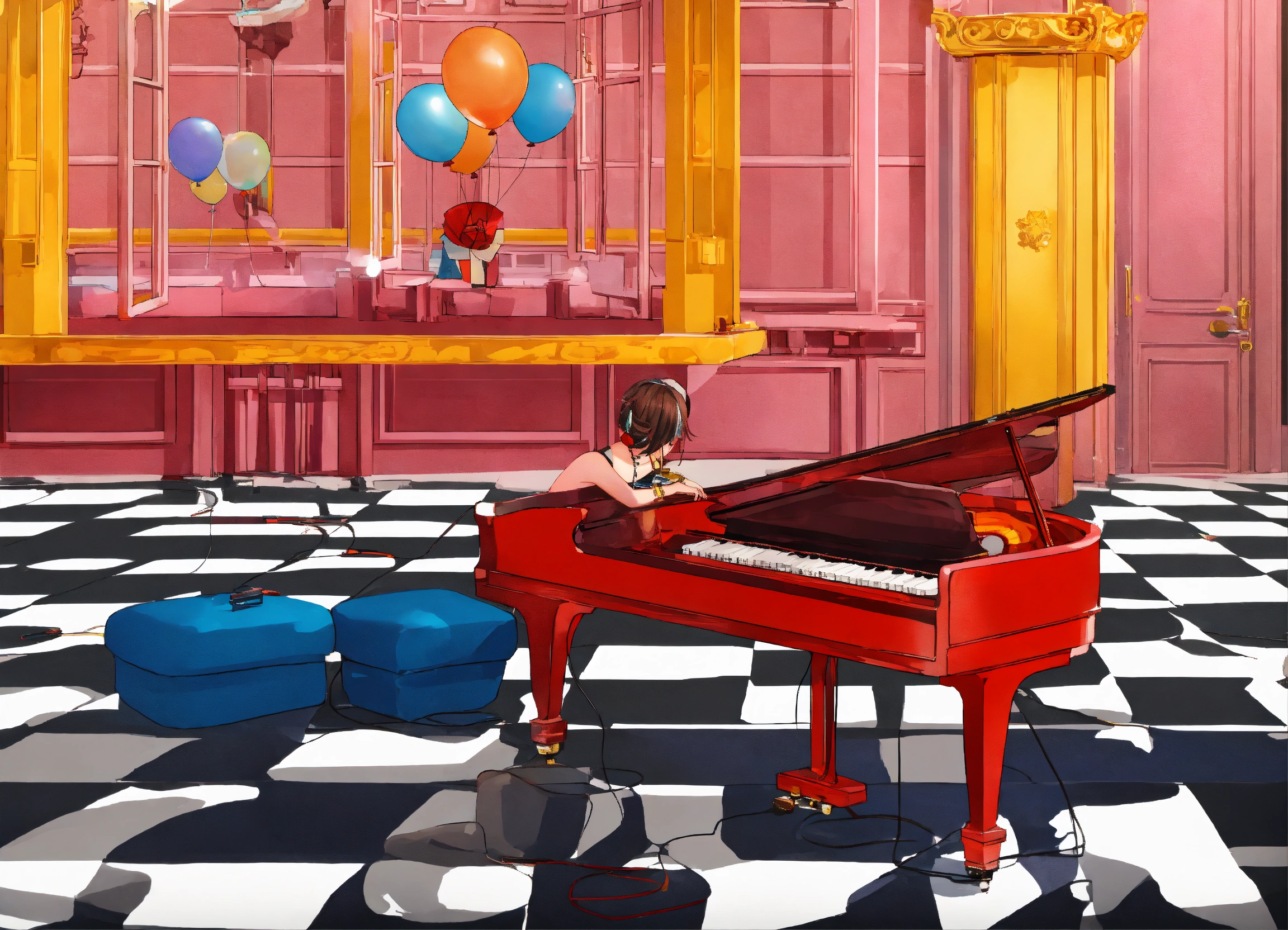 Lexica - Singer, balloon, checkered piano,