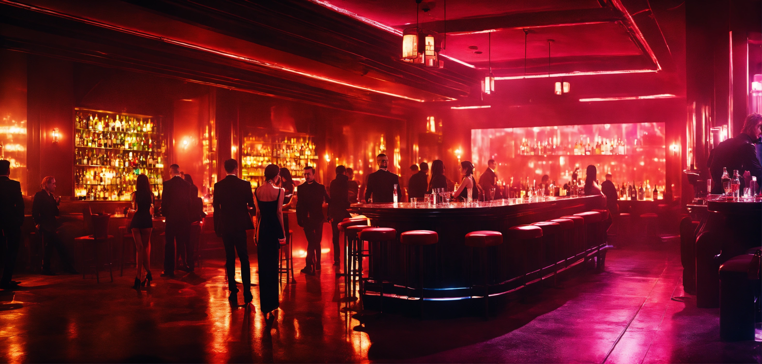 Lexica - Cinematic look, urban city night club bar with guests ...