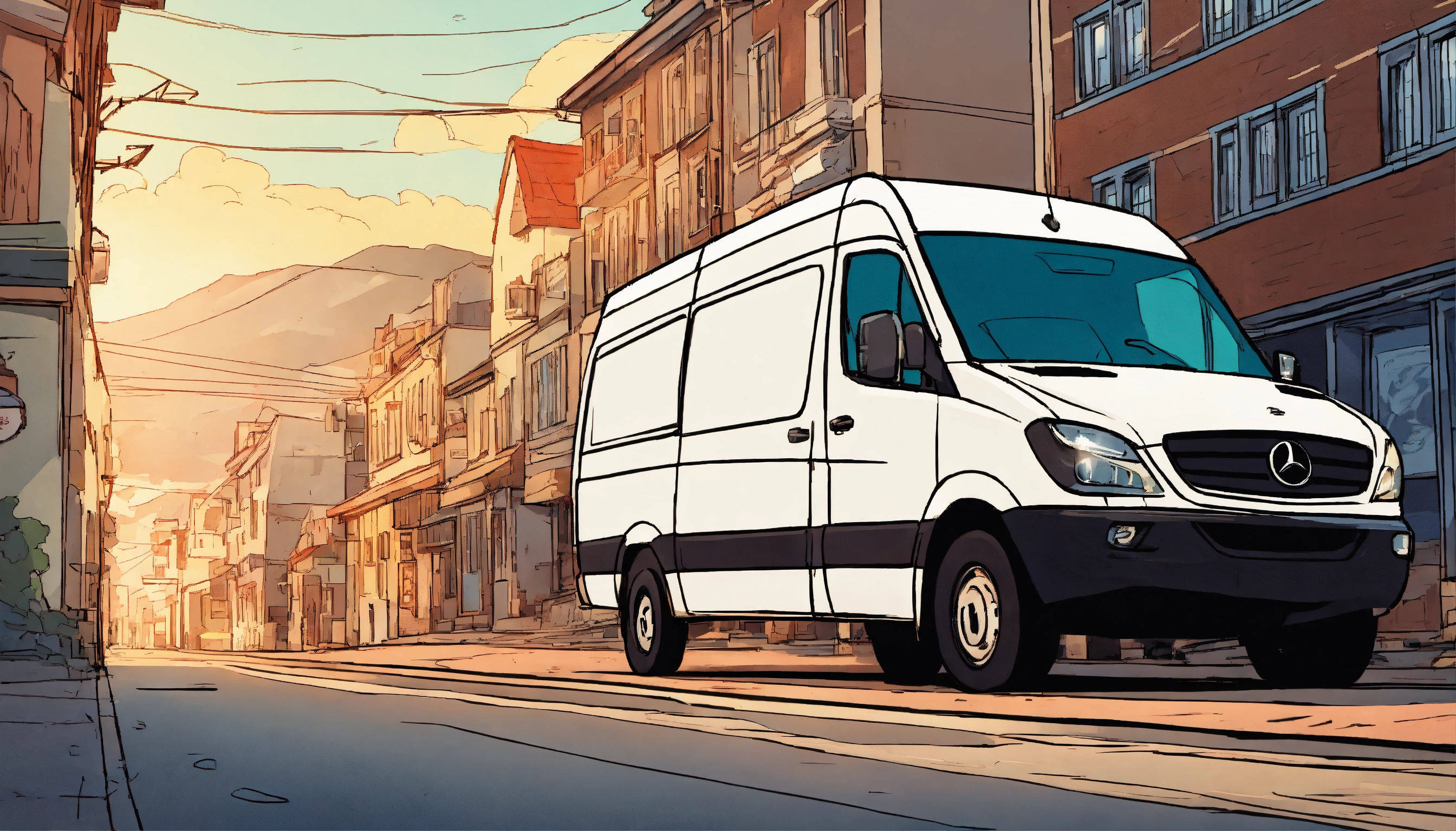 Lexica - A white sprinter is driving in full speed at a street inside a ...