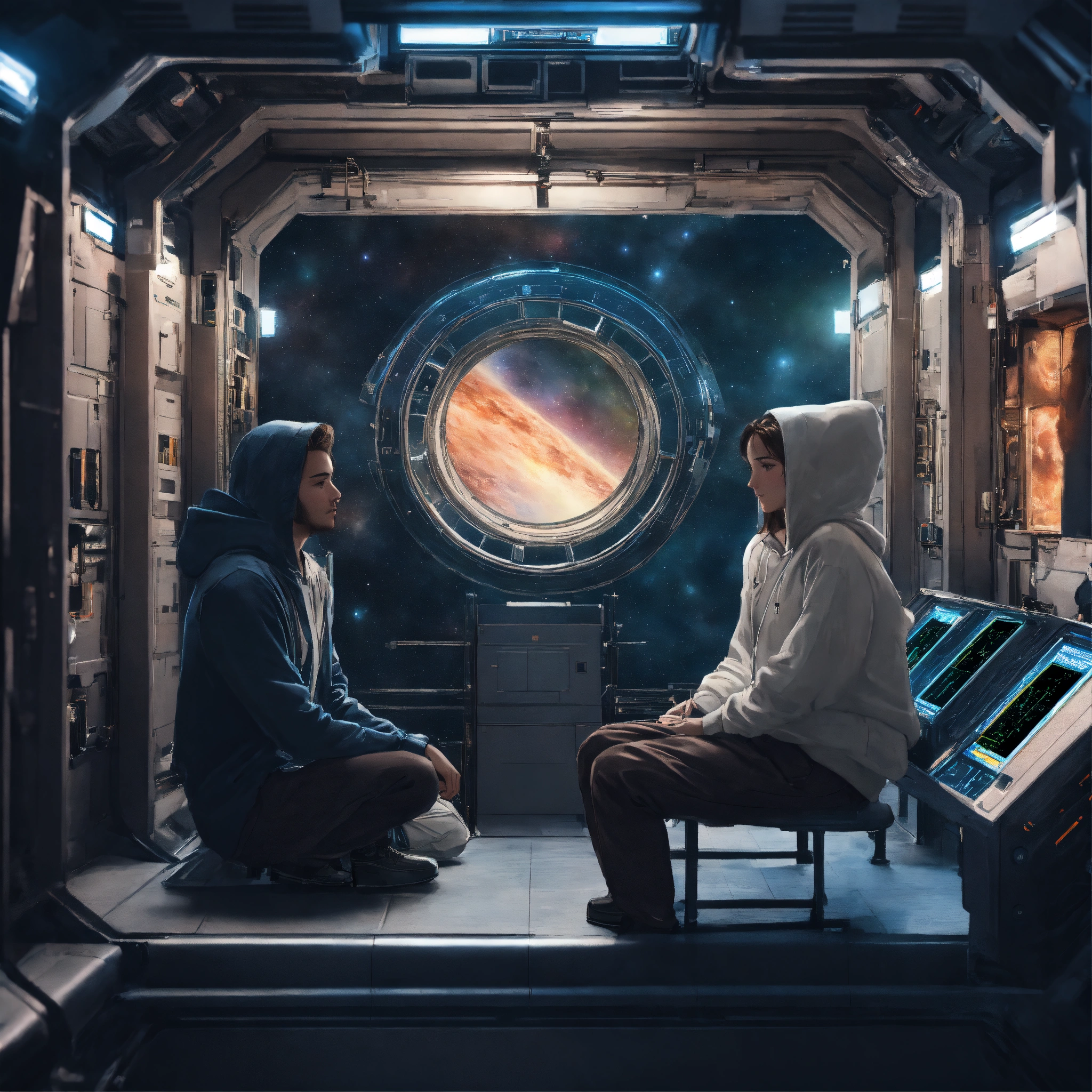 Lexica - Interstellar space station with man and woman in hoodie sitting on.