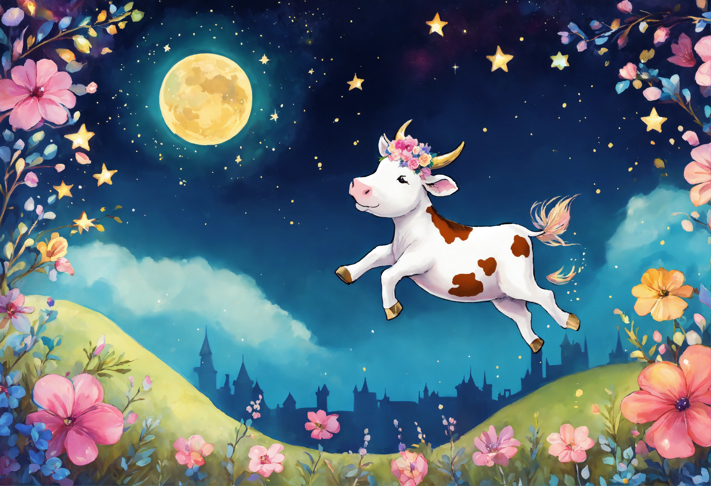 Lexica - Illustration of nursery art baby cow jumping over the moon ...