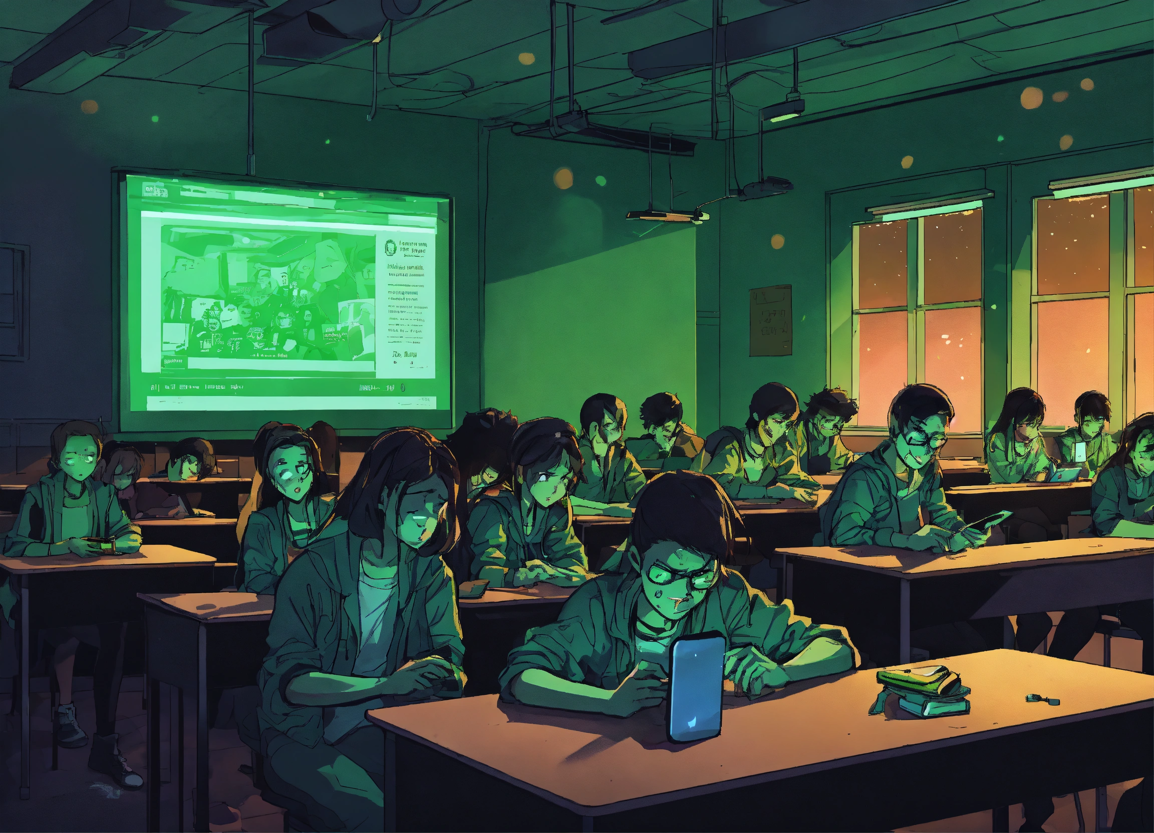 Lexica - Create a comic cartoon poster of a classroom at night where ...