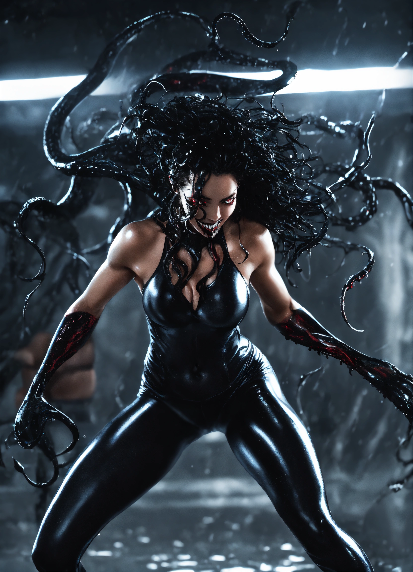 Lexica - An ultrarealistic full body photo of woman in liquid short pants fighting venom ...