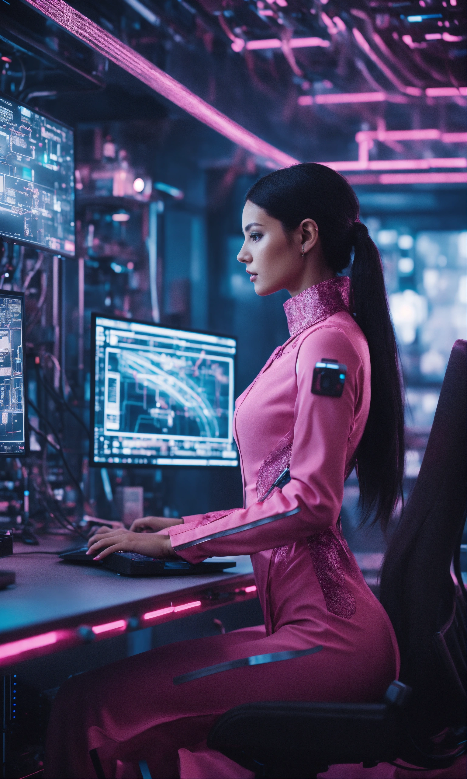 Lexica - Working woman in pink dress, dark long hair, technological lab with computer screens ...