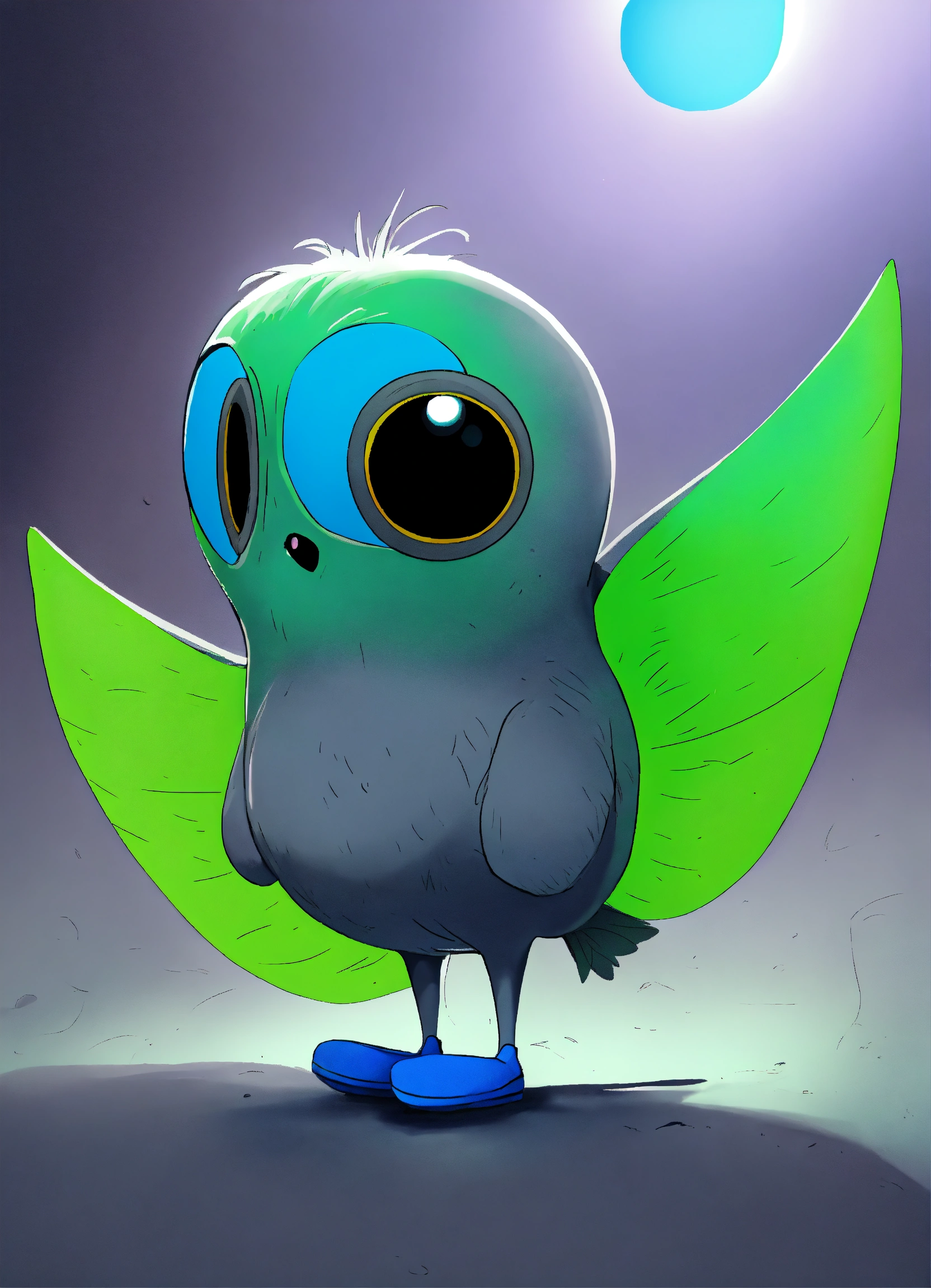 Lexica - A gray cartoon blob with one eye, bright green wings, and blue ...