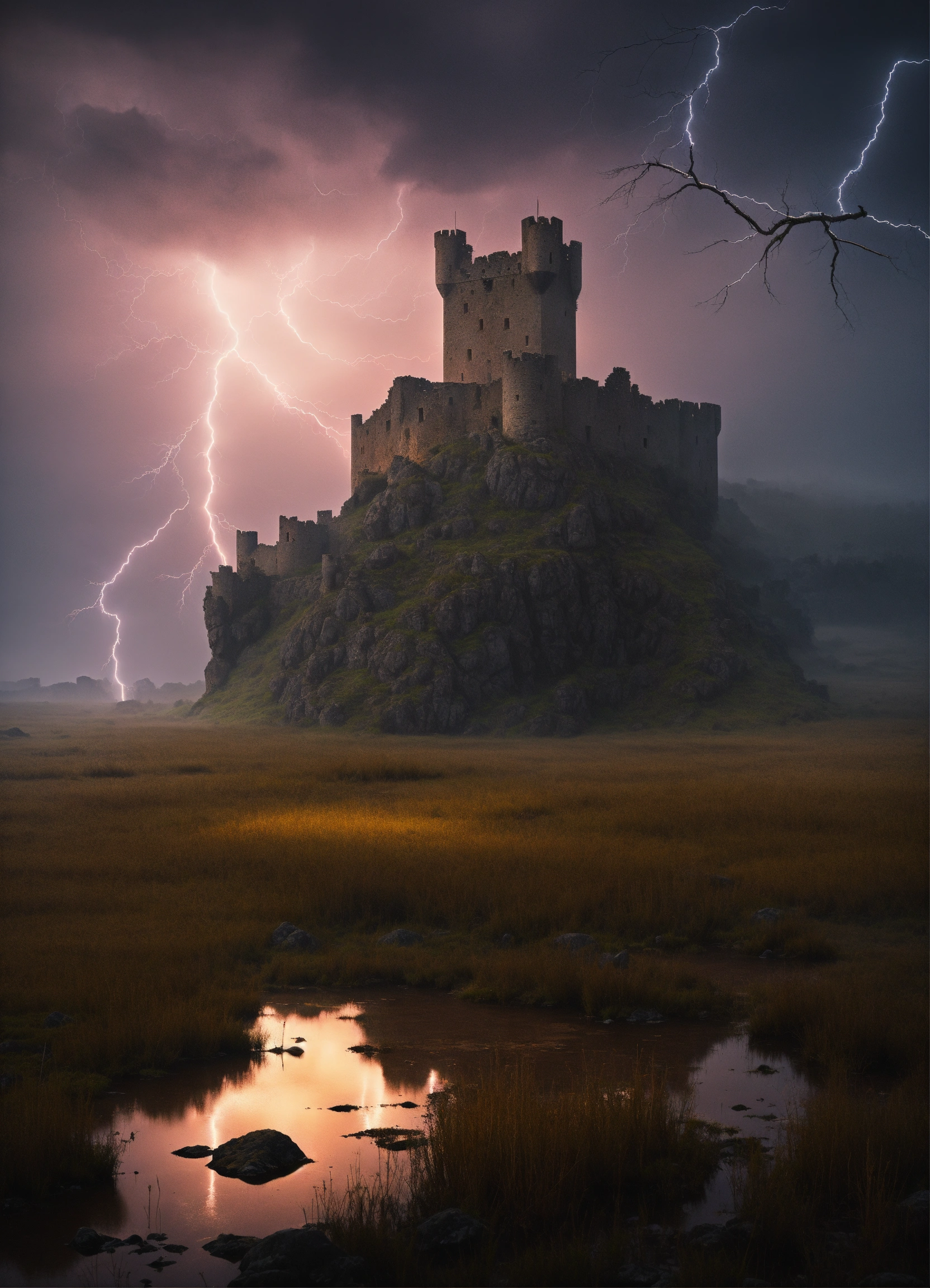 Lexica - Ruin of a stone castle in the middle of a foggy barren swamp ...
