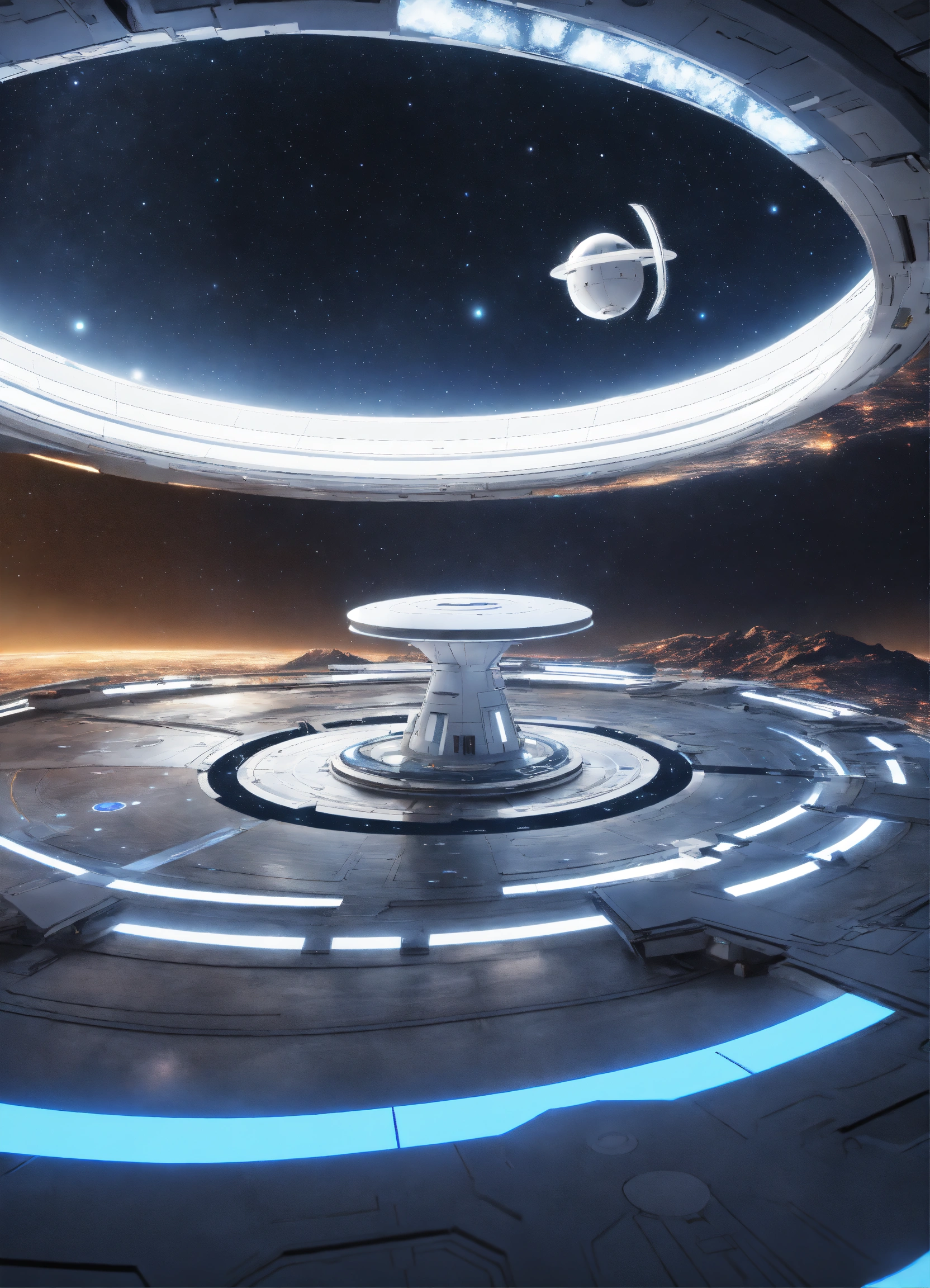 Lexica - Beautiful white disc shaped spaceport hub flying floating in ...