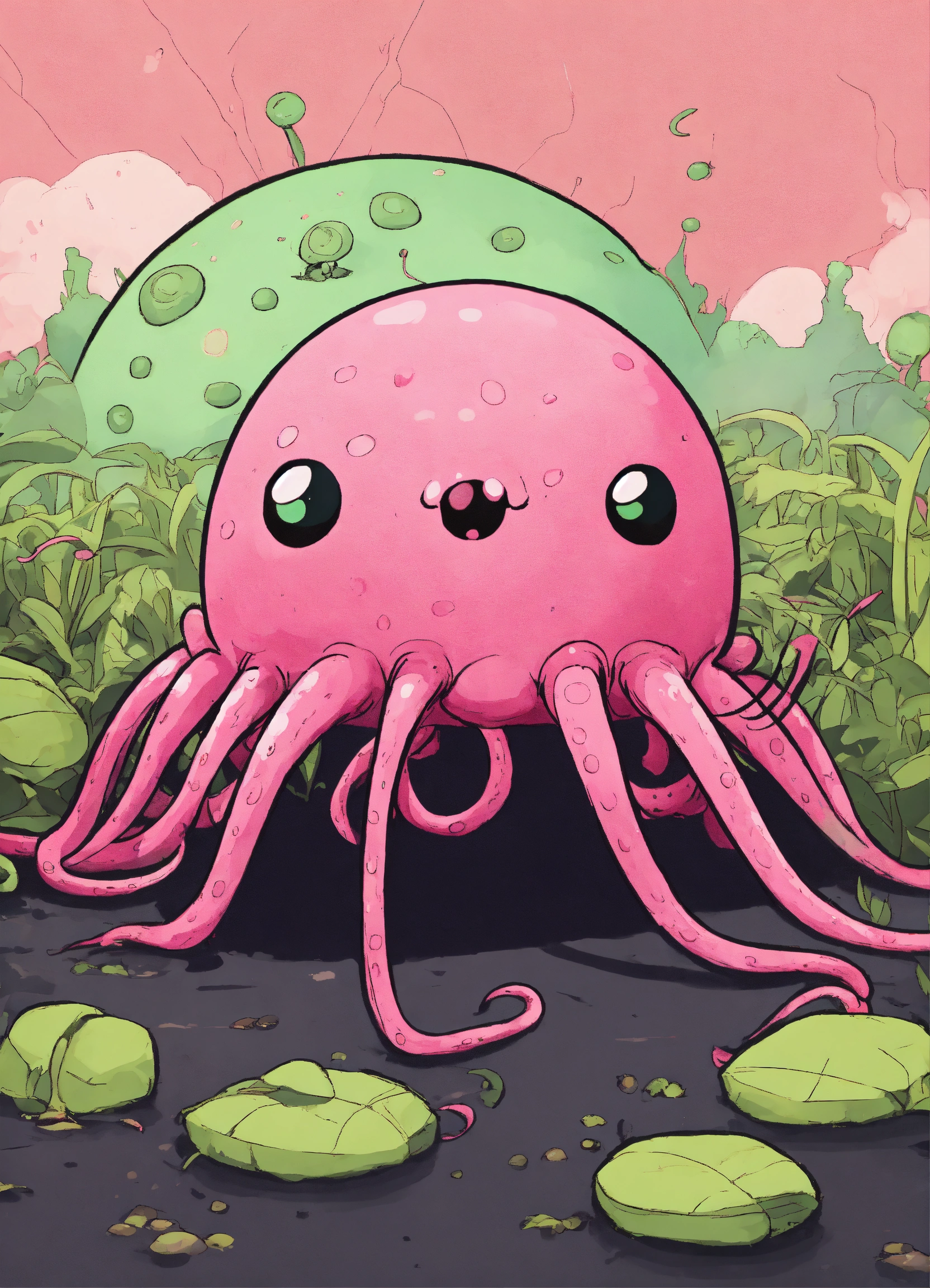Lexica - A multi-eyed kawaii pink blob monster with skinny green ...