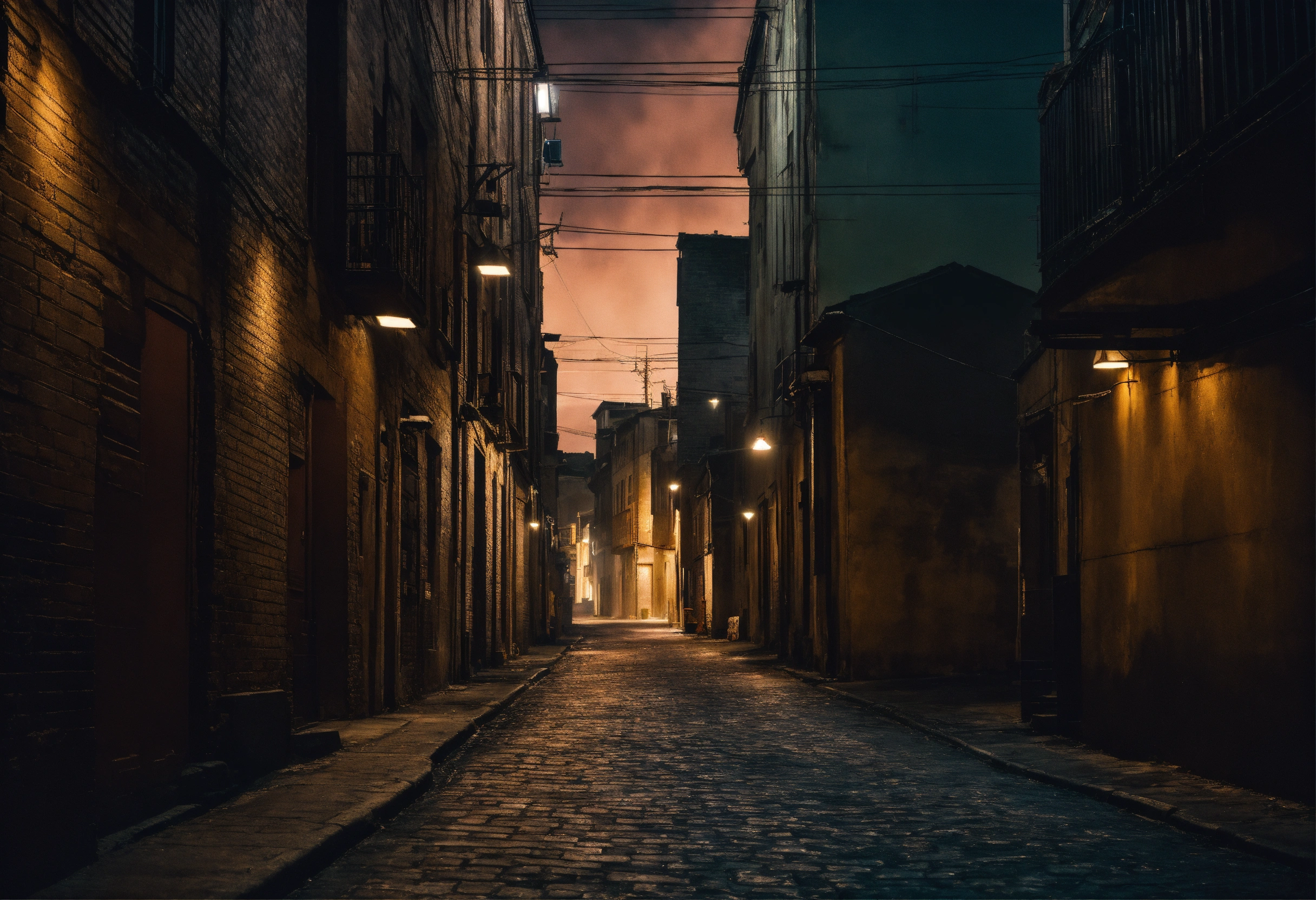Lexica - A dark alley with buildings on the side, view from alley ...