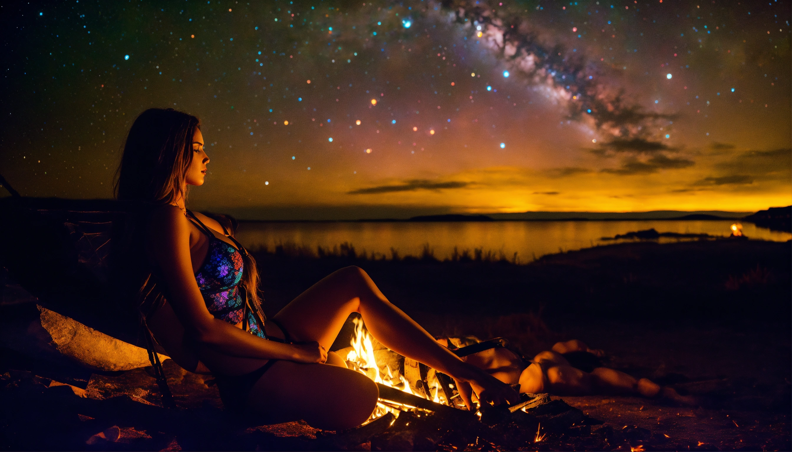Lexica - Beautiful woman in kini, 38D cup, around a campfire, night sky ...
