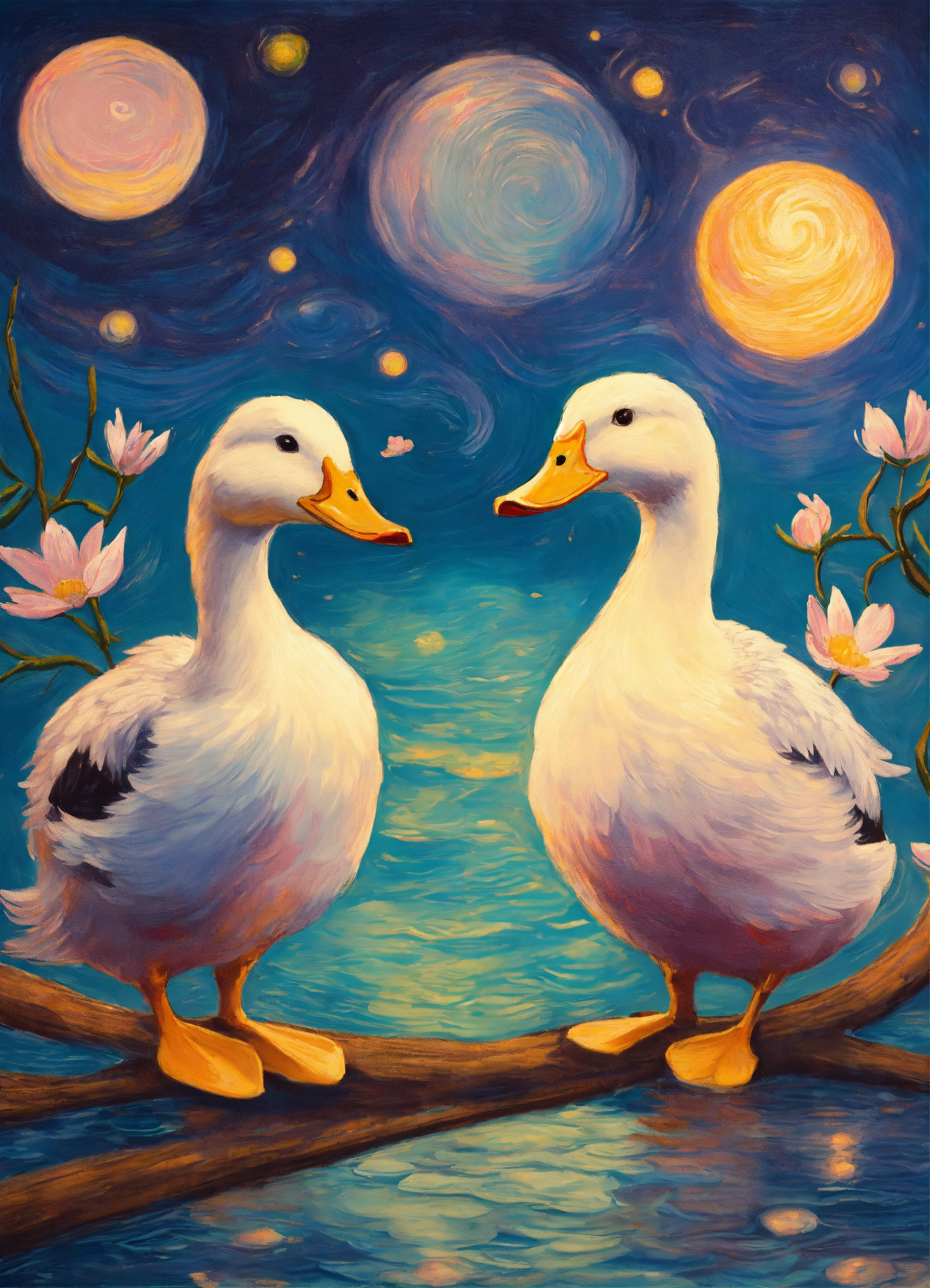 Lexica - I want you to create a romantic couple of 2 ducks on the moon ...