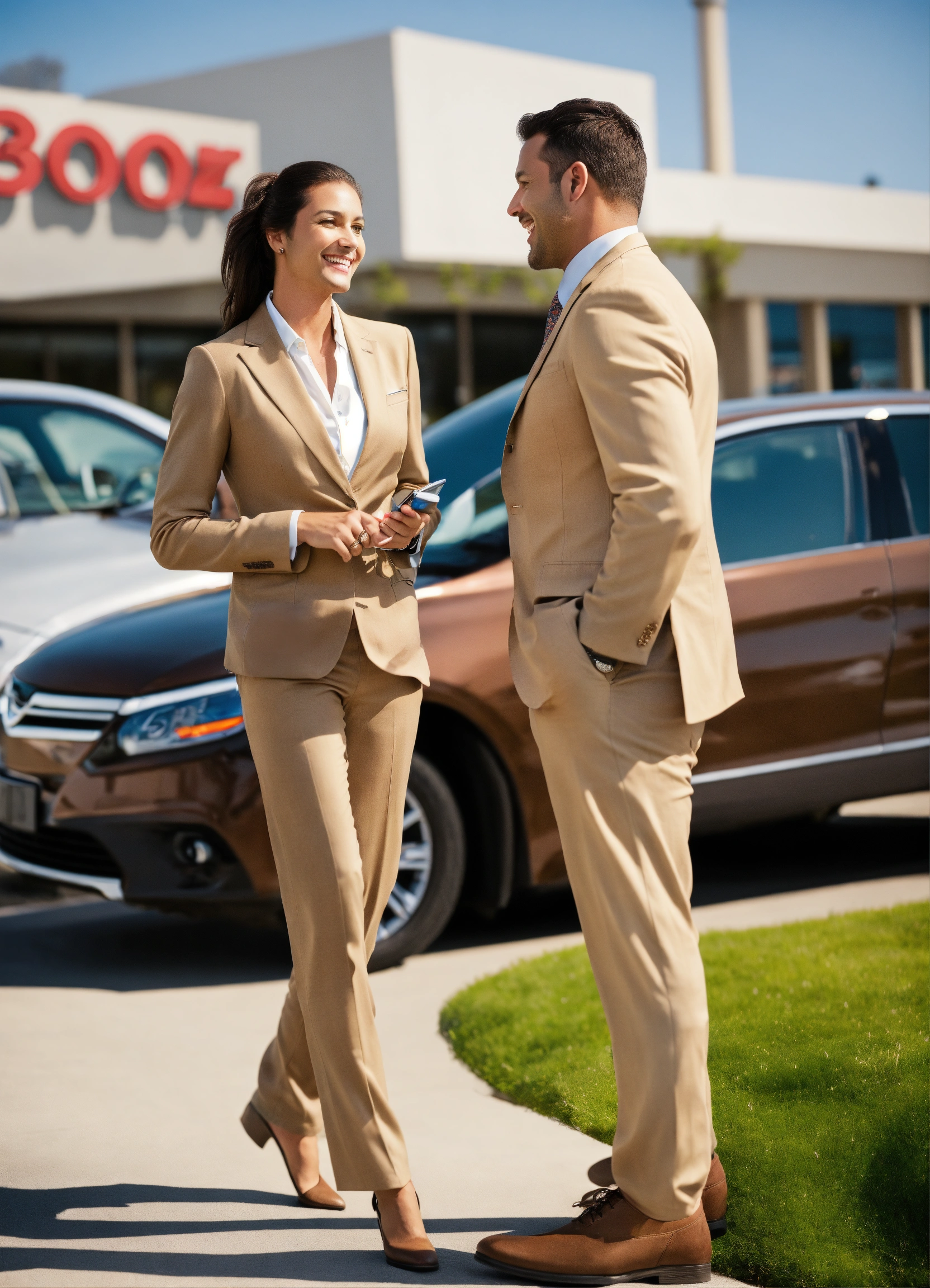Lexica - Car salesman in a tan suit is talking happily to a sales women ...