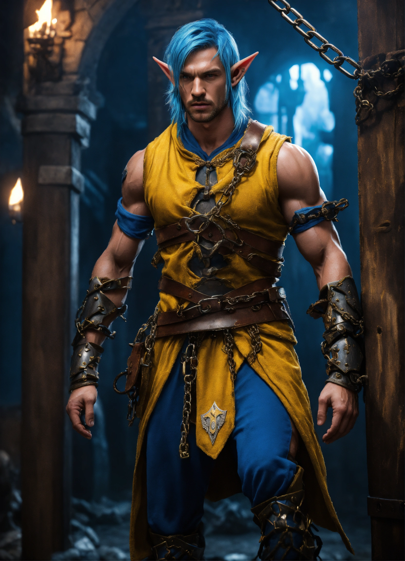 Lexica - Full body strong handsome god elf chained by enemies chained ...