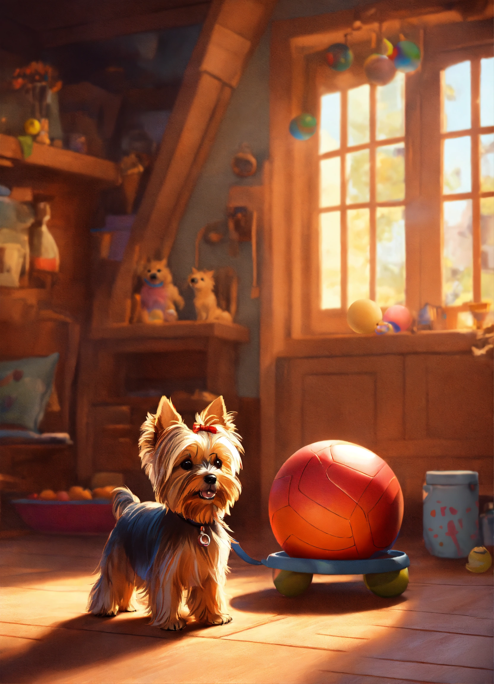 Lexica - Yorkshire terrier dog in a house, playing with a ball in PIXAR ...