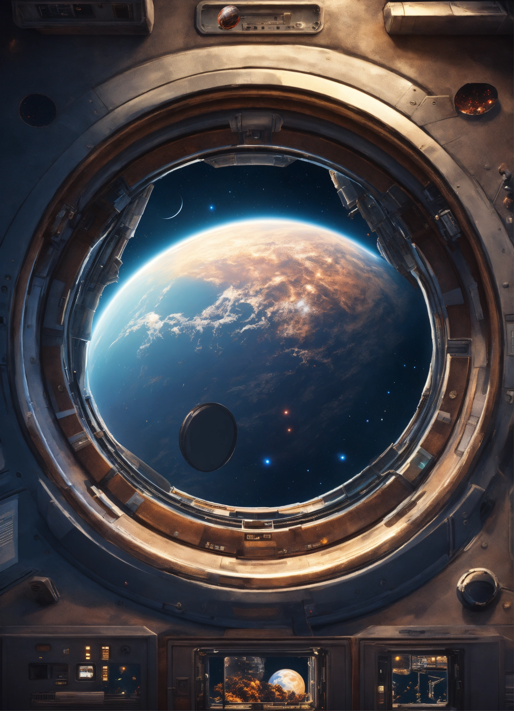 Lexica - Future spaceship, porthole, space planet. Realism