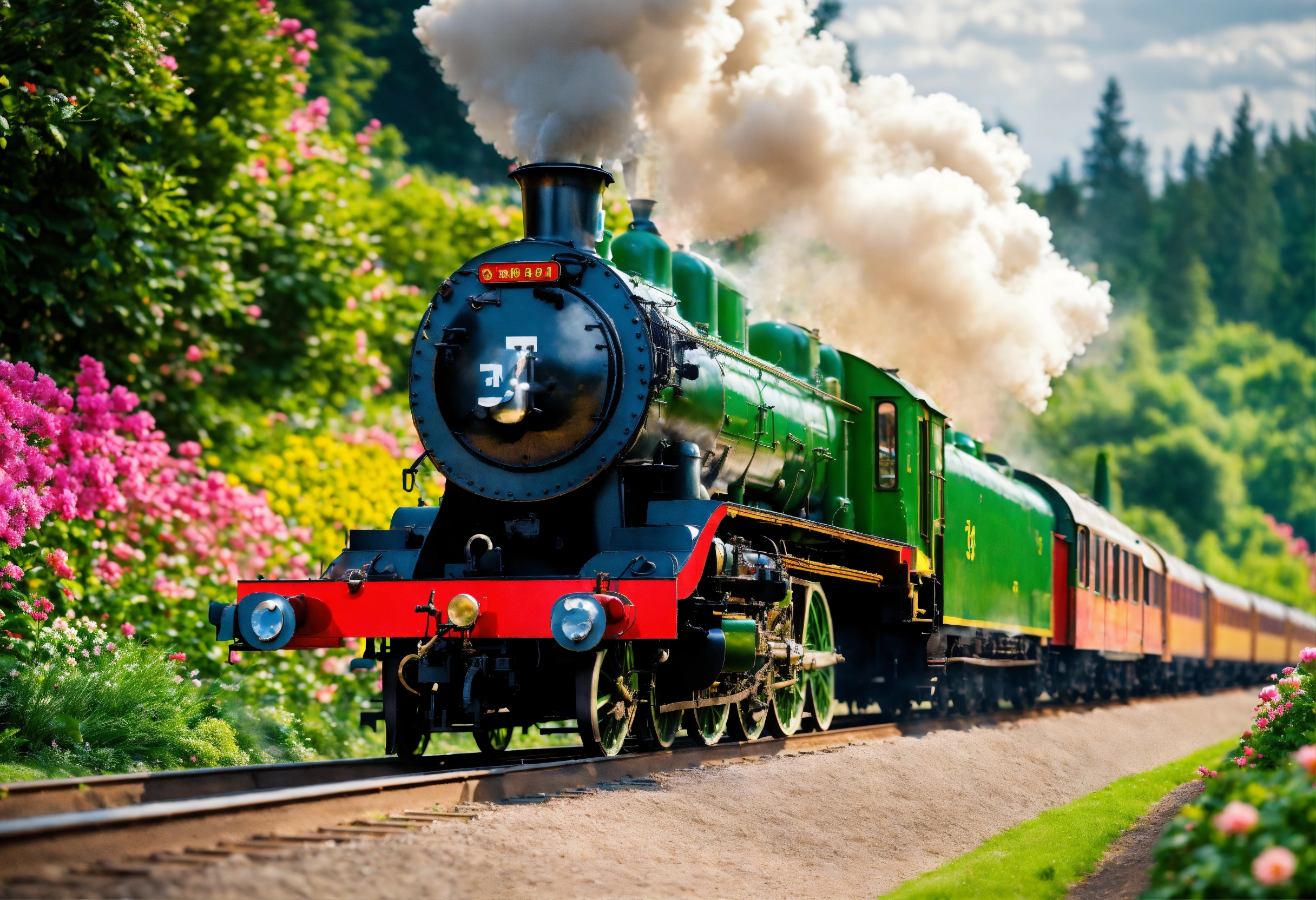 Lexica - Near future, steam locomotive, Running through a flower garden ...