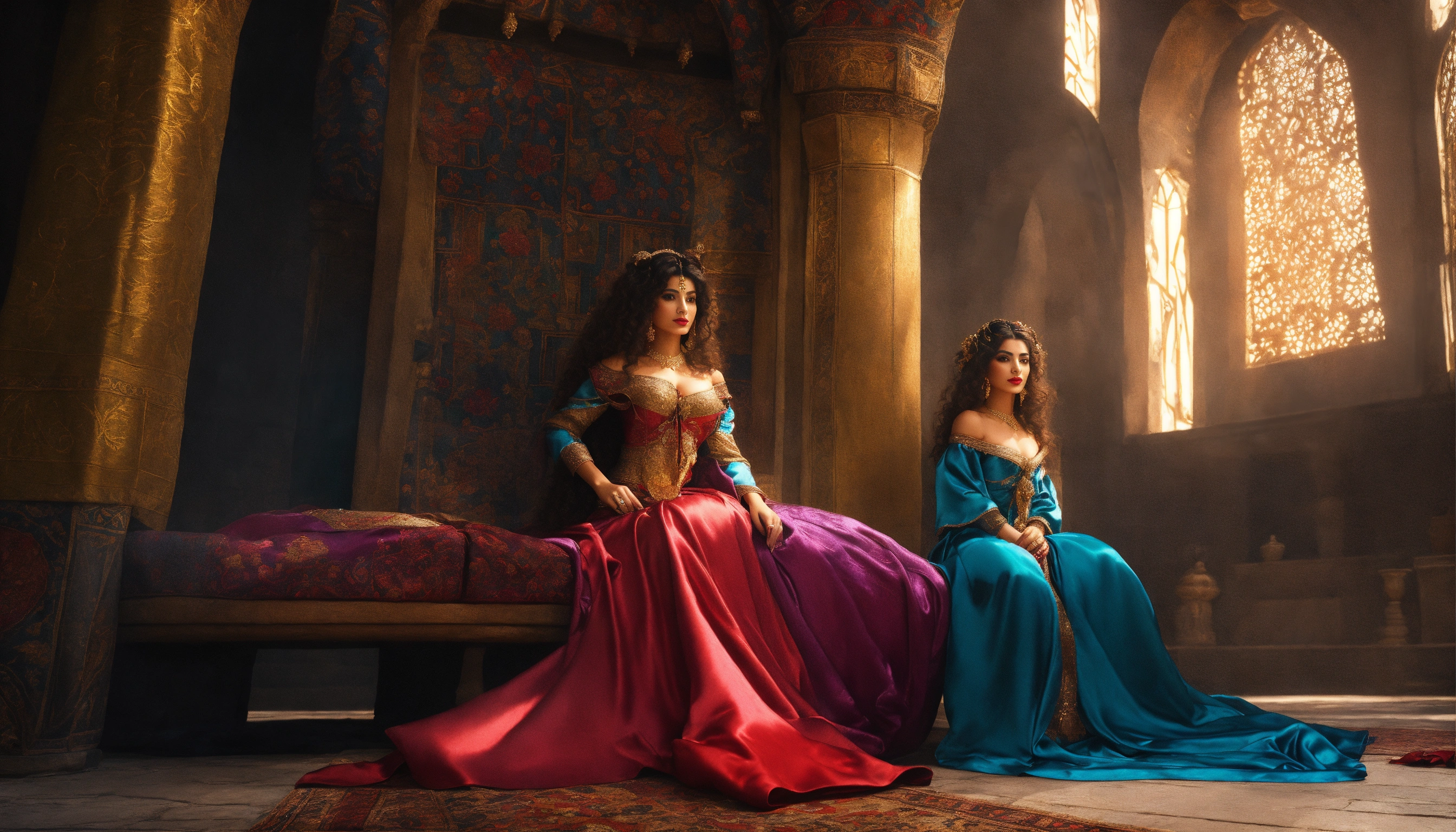 Lexica - Photorealistic 3 Persian courtesans, colorful outfits, satin ...