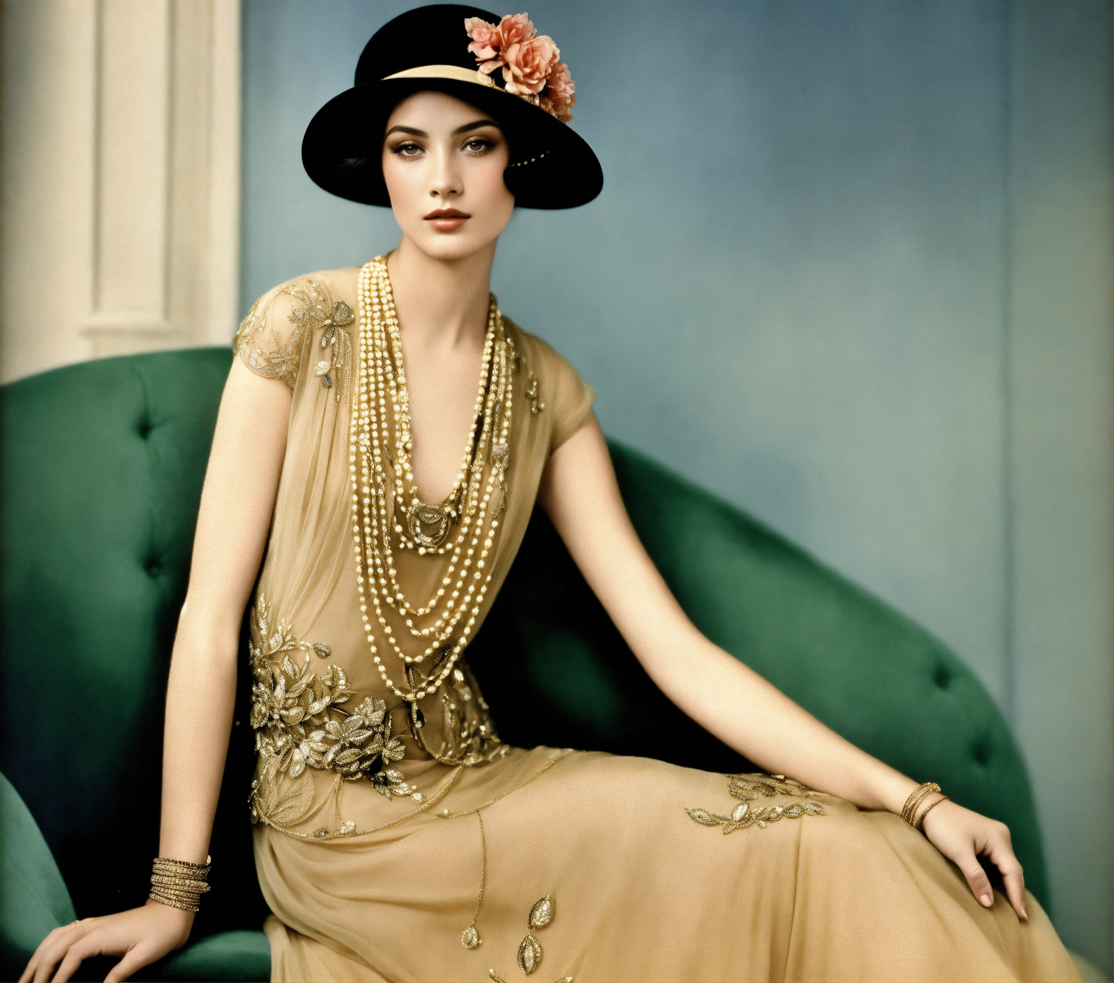 Lexica - Modelo,com vestido de época, 1920, na capa da revista vogue