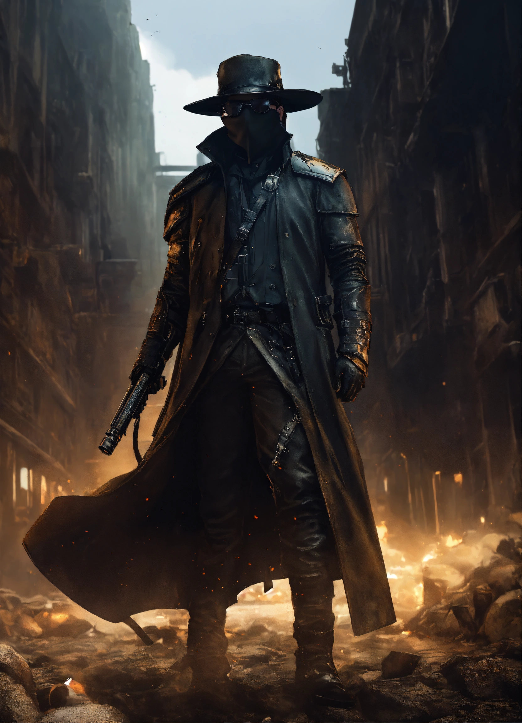 Lexica - In a ruined city, a white mercenary in an black armored back ...