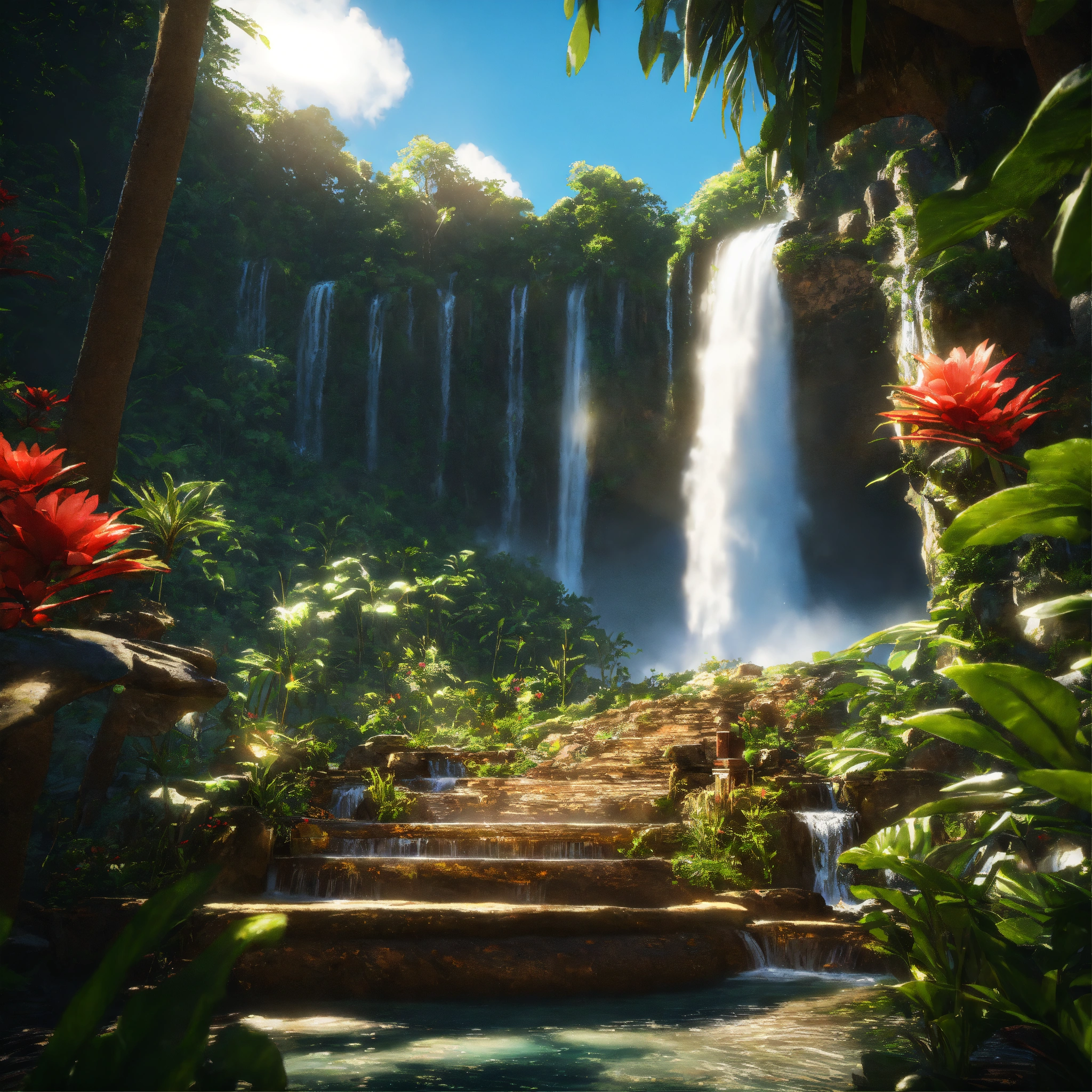 Lexica - Tropical flora, with magical teired waterfall, Cinematic style ...
