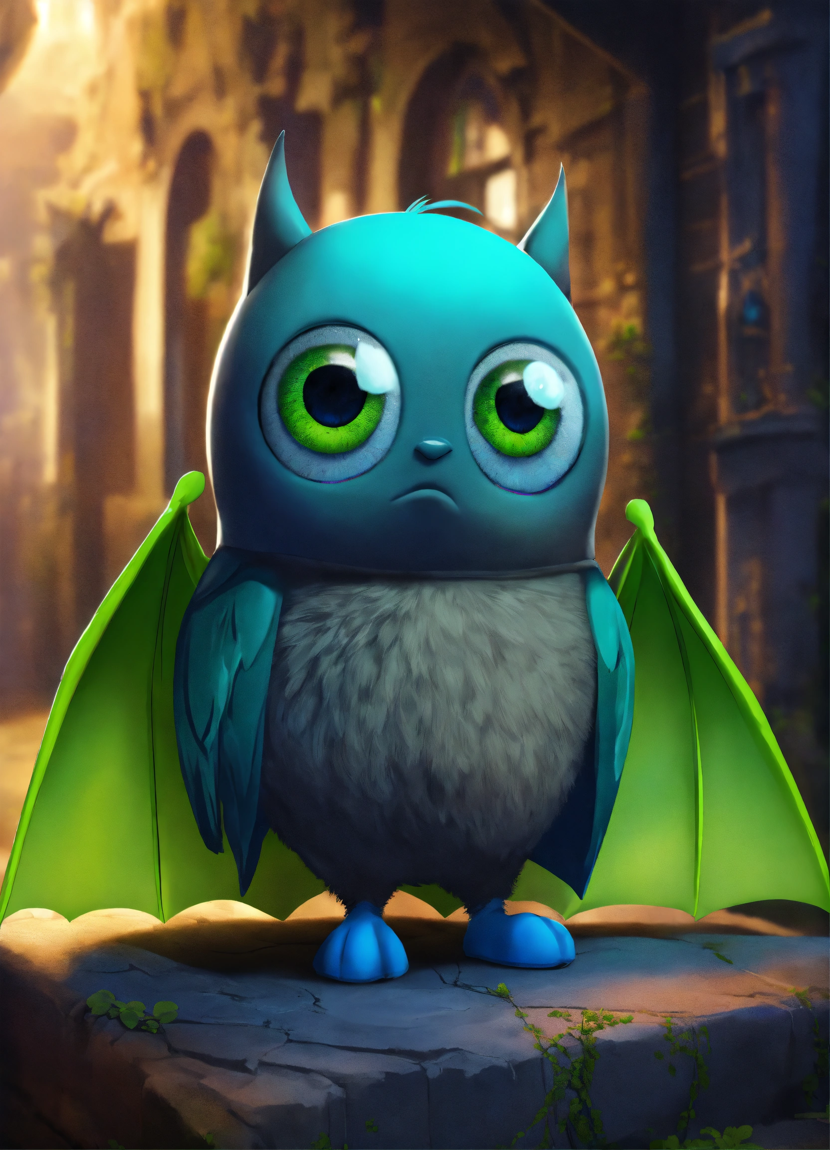 Lexica - A gray cartoon blob with one eye, bright green wings, and blue ...