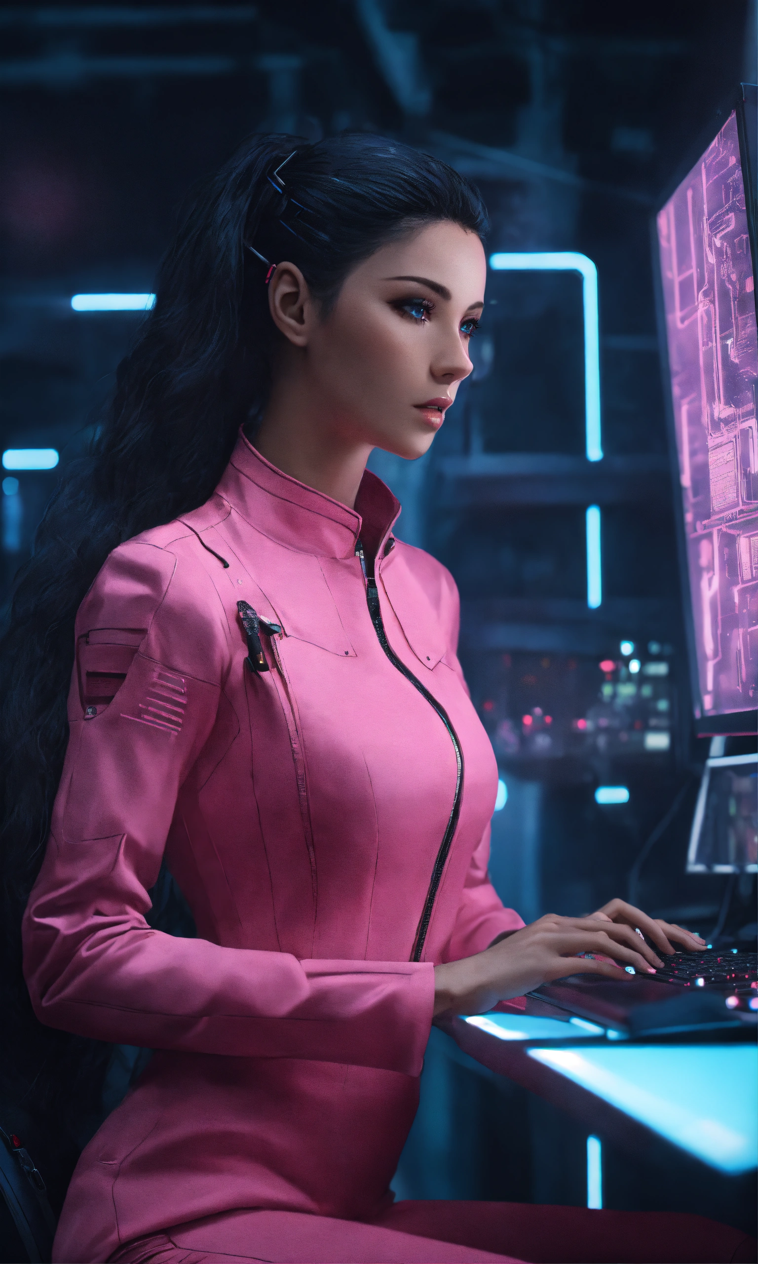Lexica - Working woman in pink dress, dark long hair, technological lab with computer screens ...
