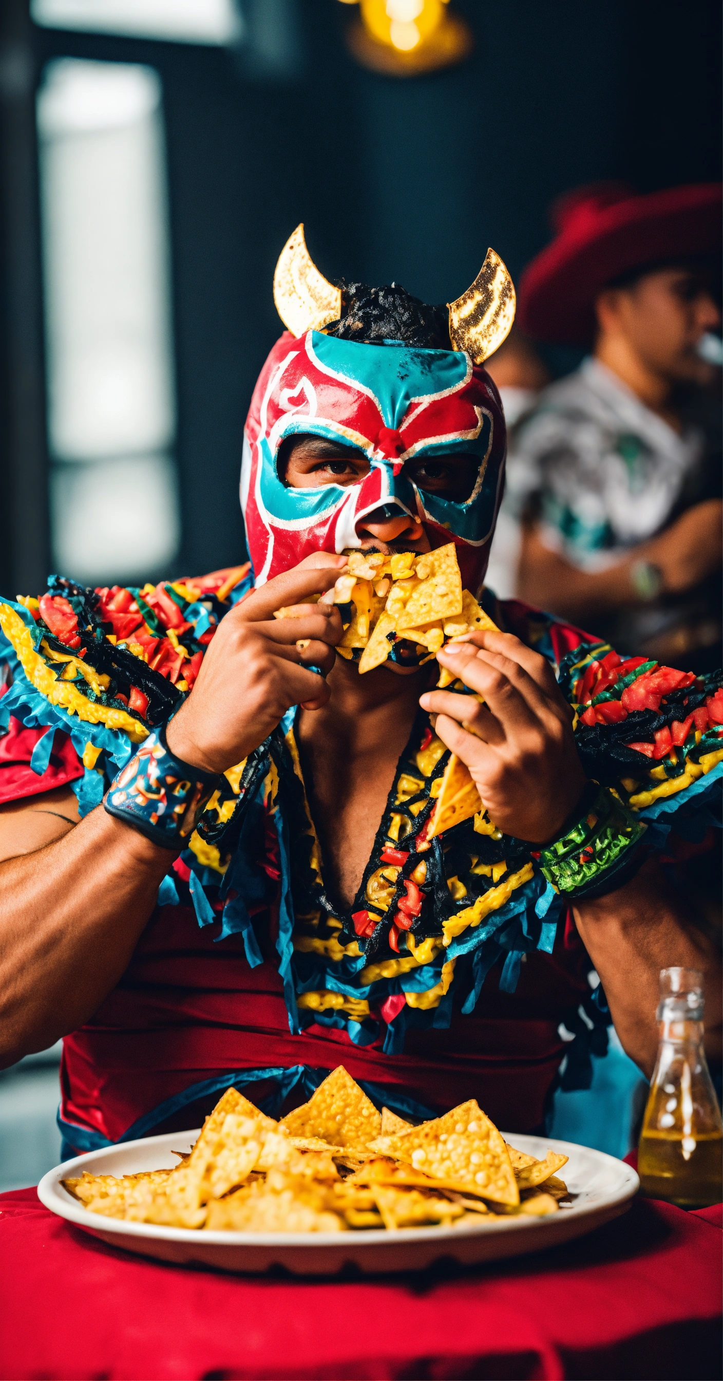 Lexica - Mexican wrestler dressed eating a nachos
