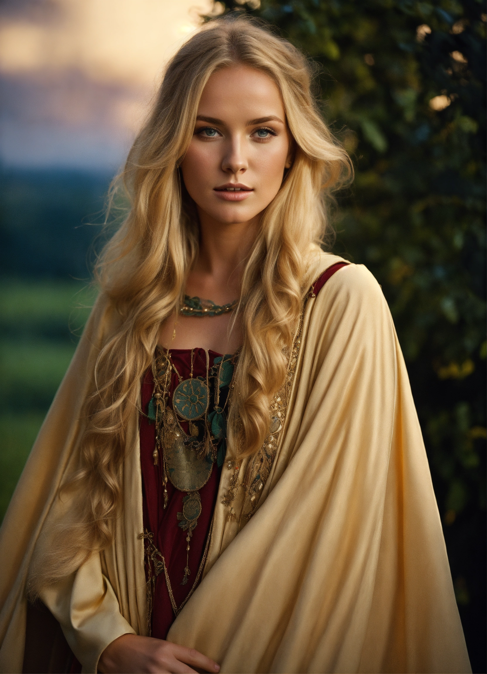 Lexica - An anglo saxon beautiful blonde woman in long gown with a cloak
