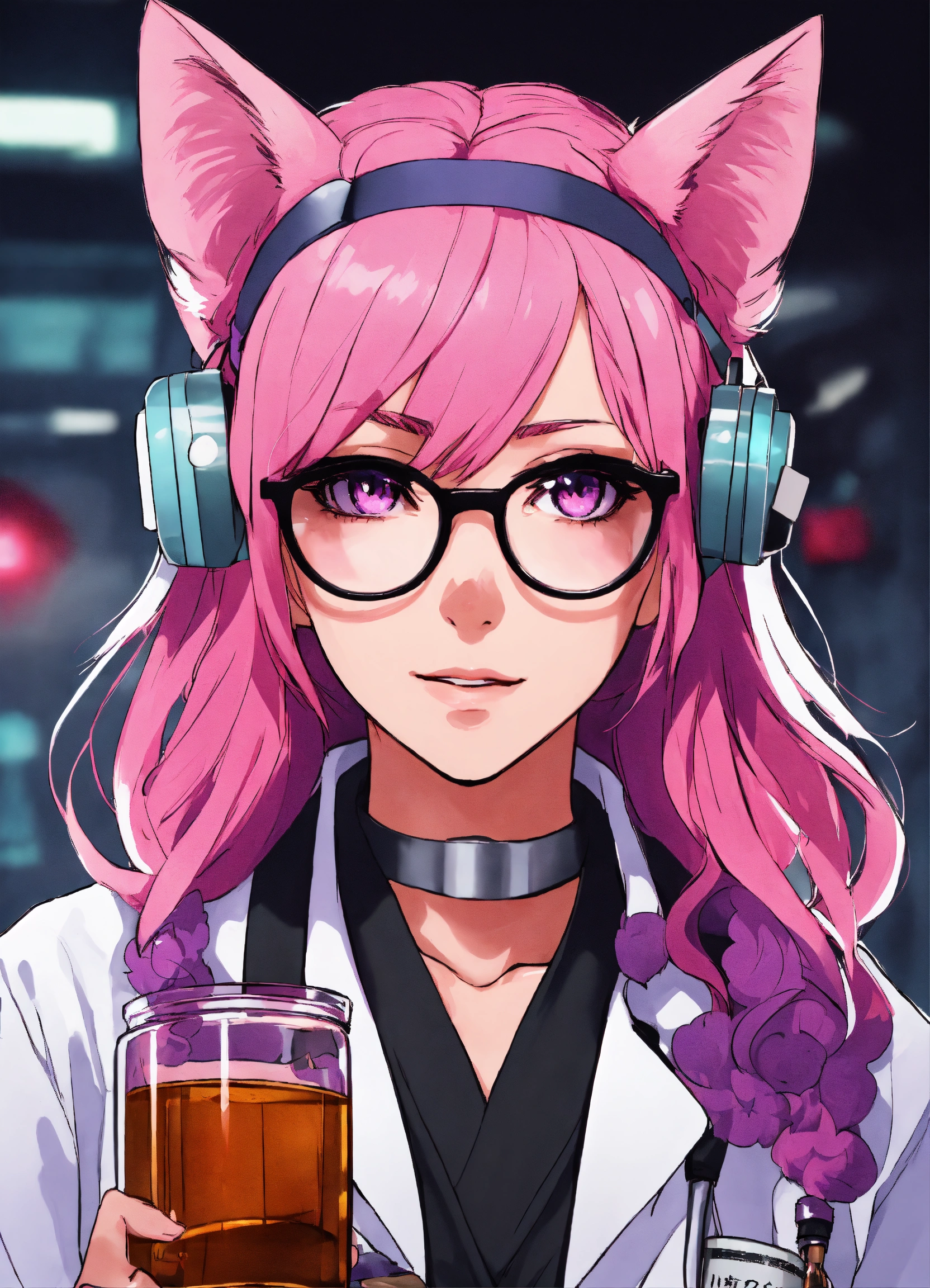 Lexica - Female doctor, with long pink hair, with cat ears color black ...