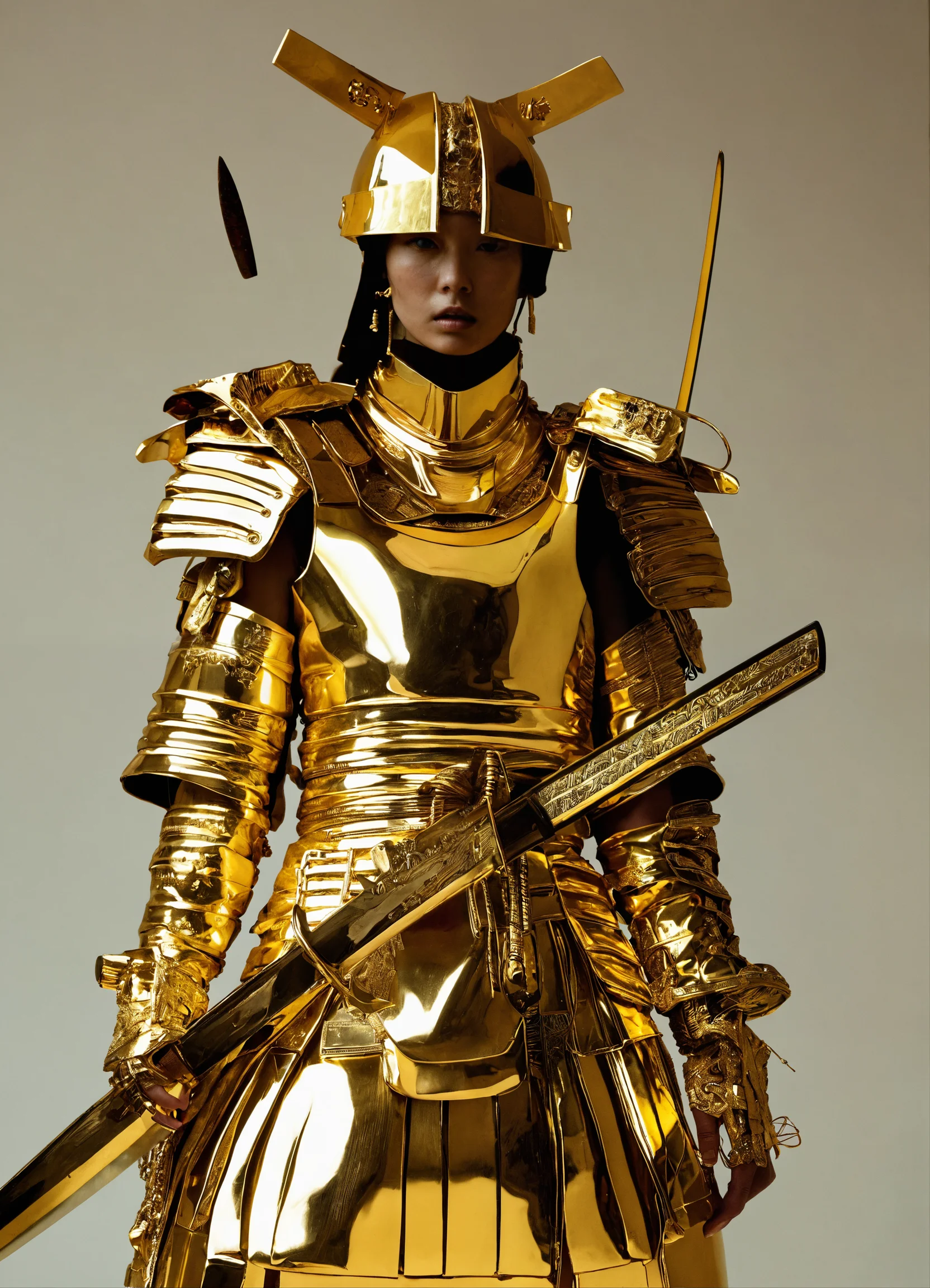 Lexica - Kim korte wears a golden samurai uniform in editorial ksc, in ...