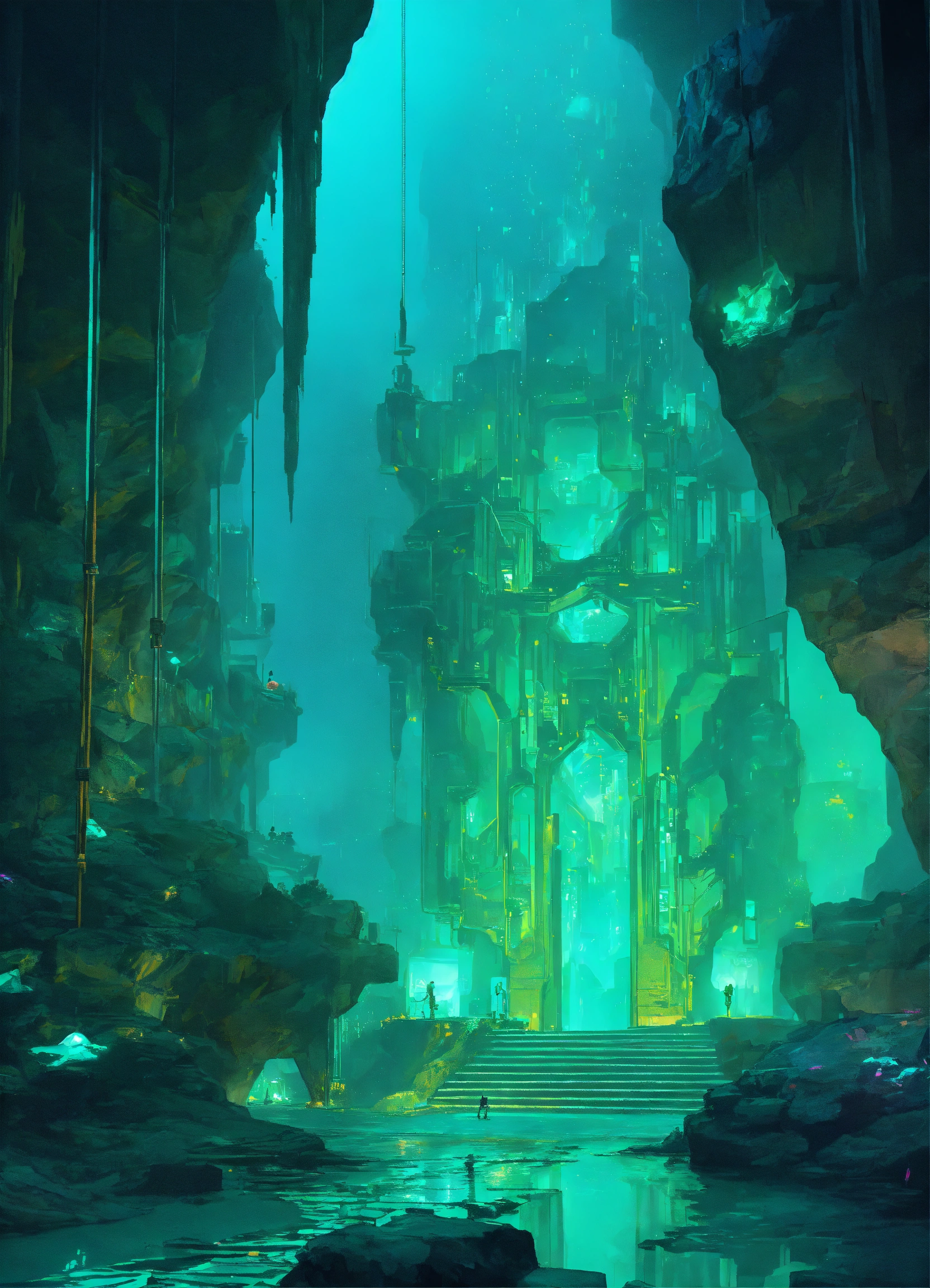 Lexica - A cyberpunk cave with glowing crystals, turquoise color pallet ...
