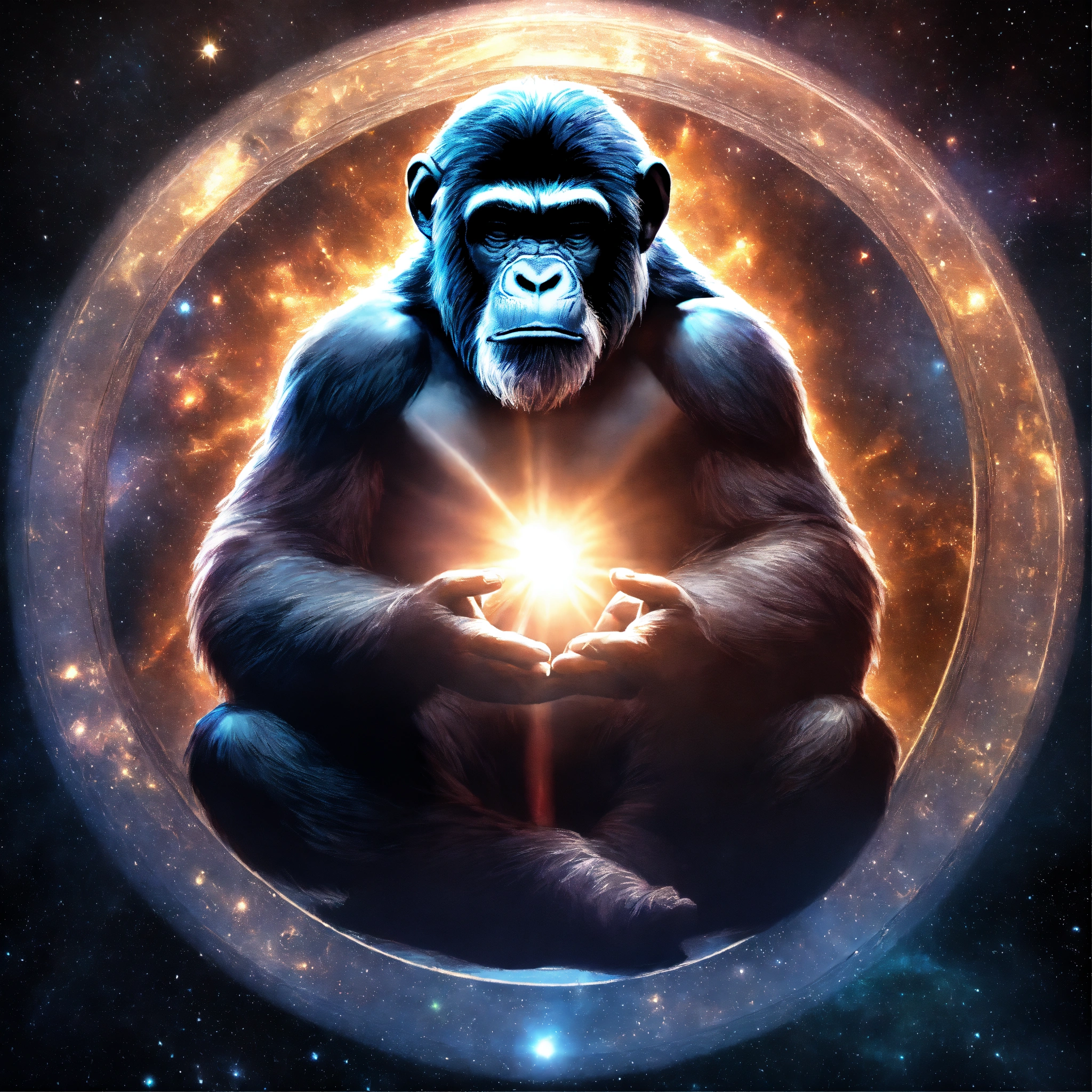 Lexica - Apes praying to a human god in space, in circle image ...