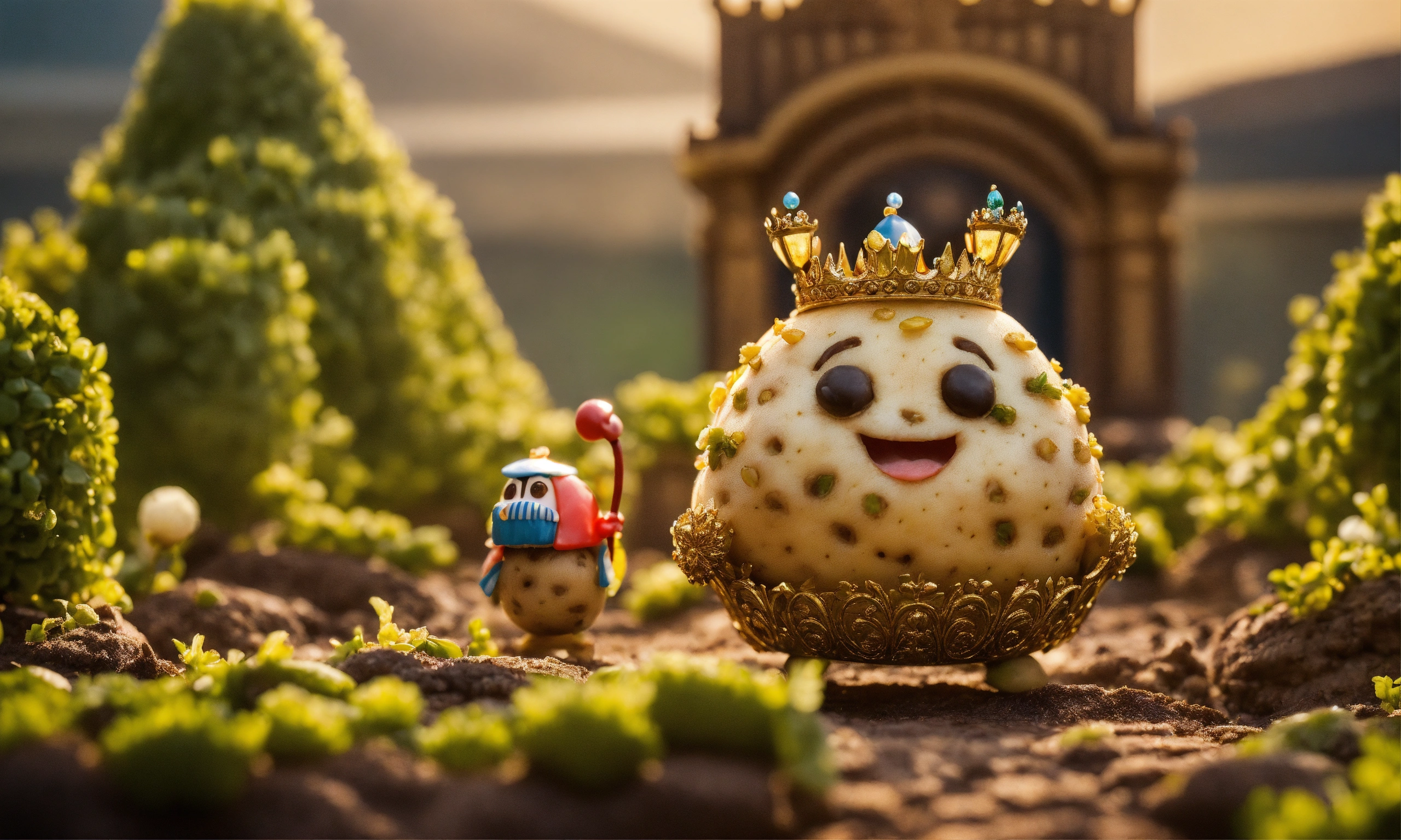 Lexica - Realistic Tiny potato kings wearing majestic crowns, sitting ...