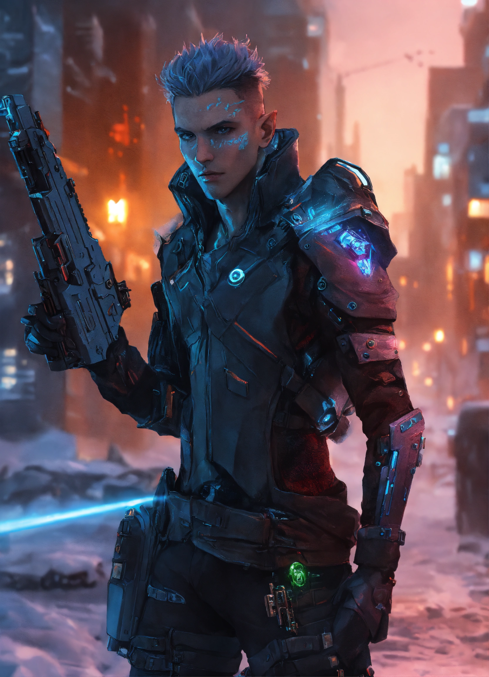 Lexica - Ice elf, cyberpunk, male, enforcer, has a gun
