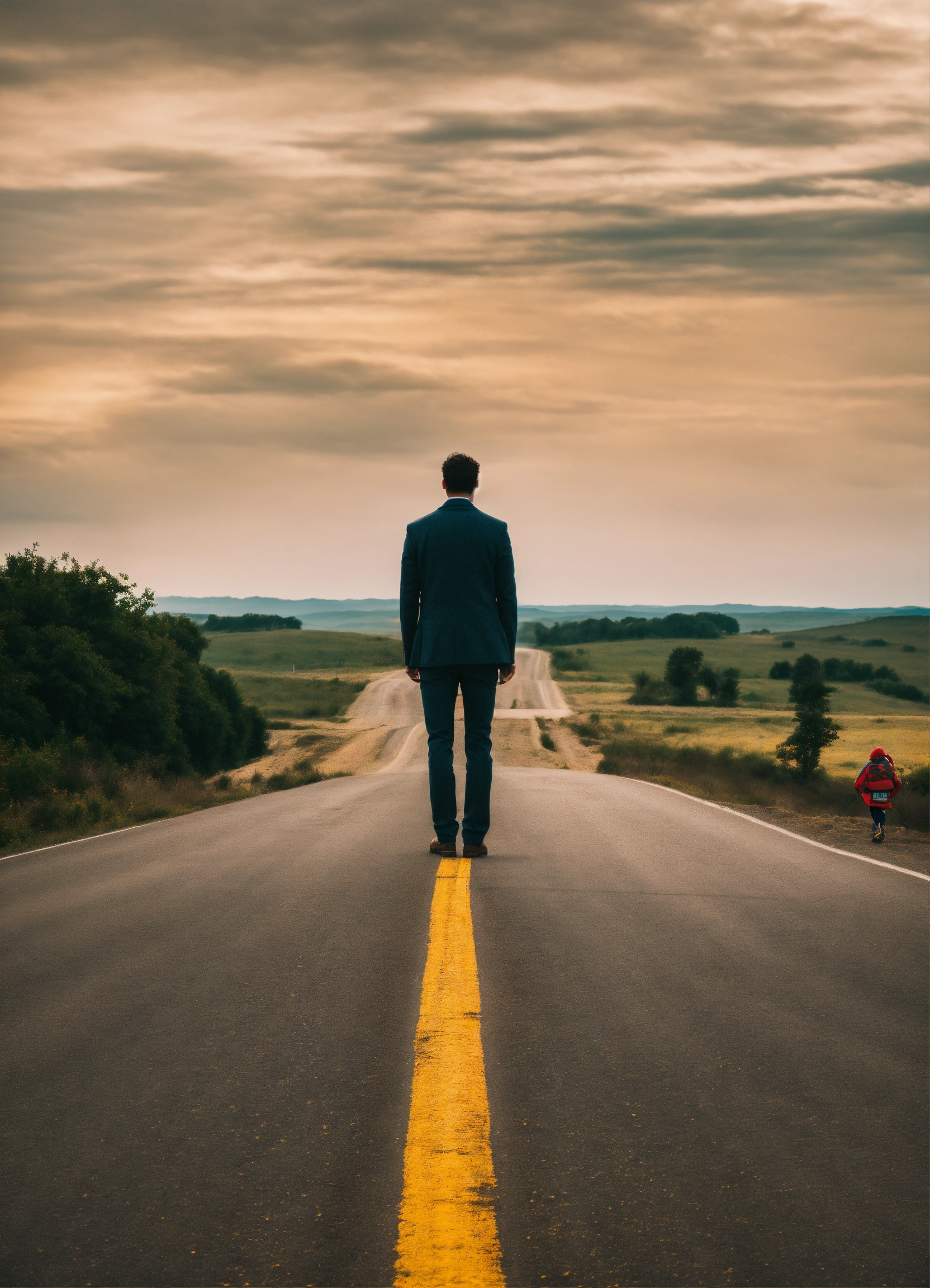 Lexica - The back of one man standing on the left side of an empty road ...