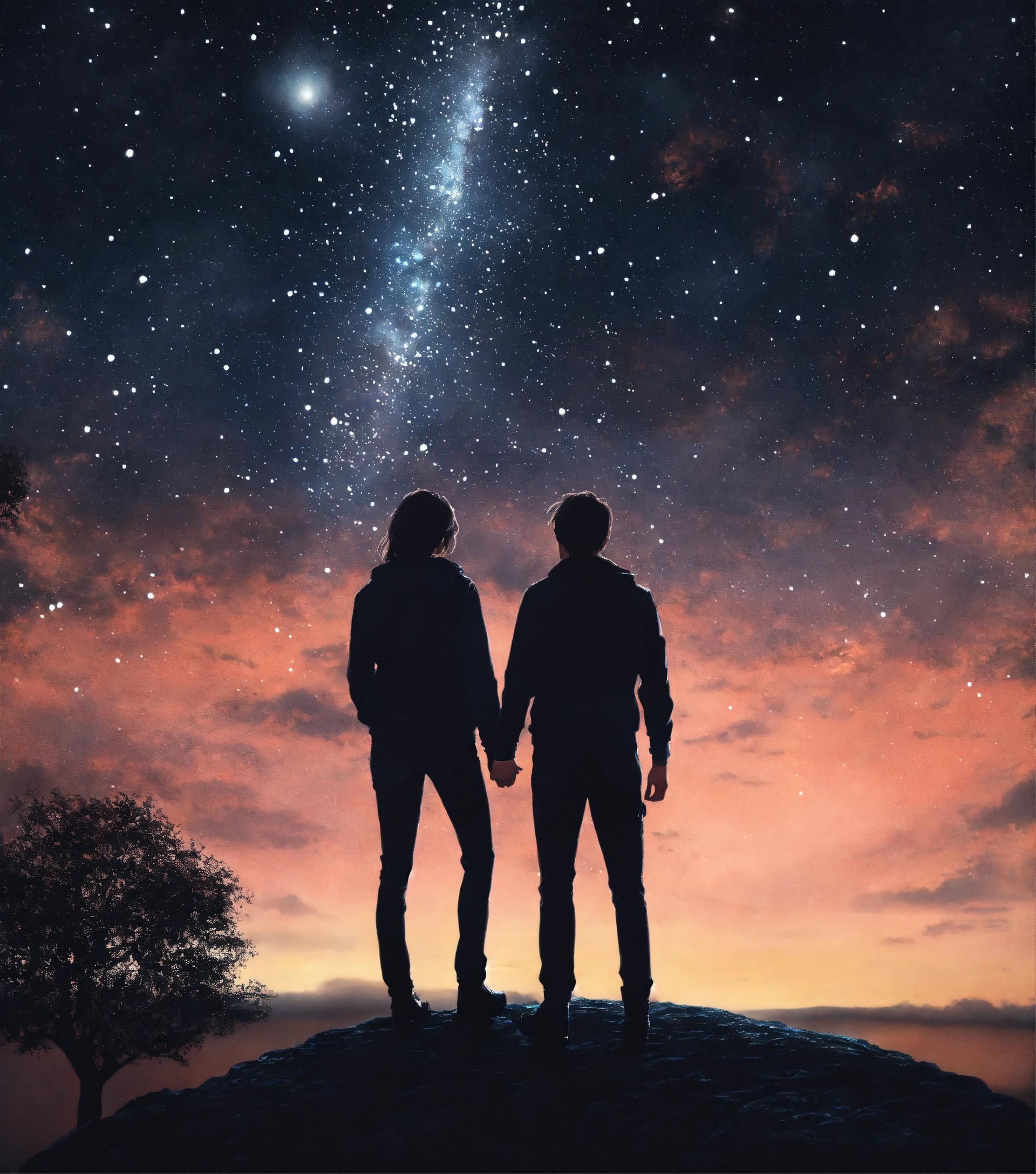 Lexica - Realistic drawing, three lovers, in the background stellar sky