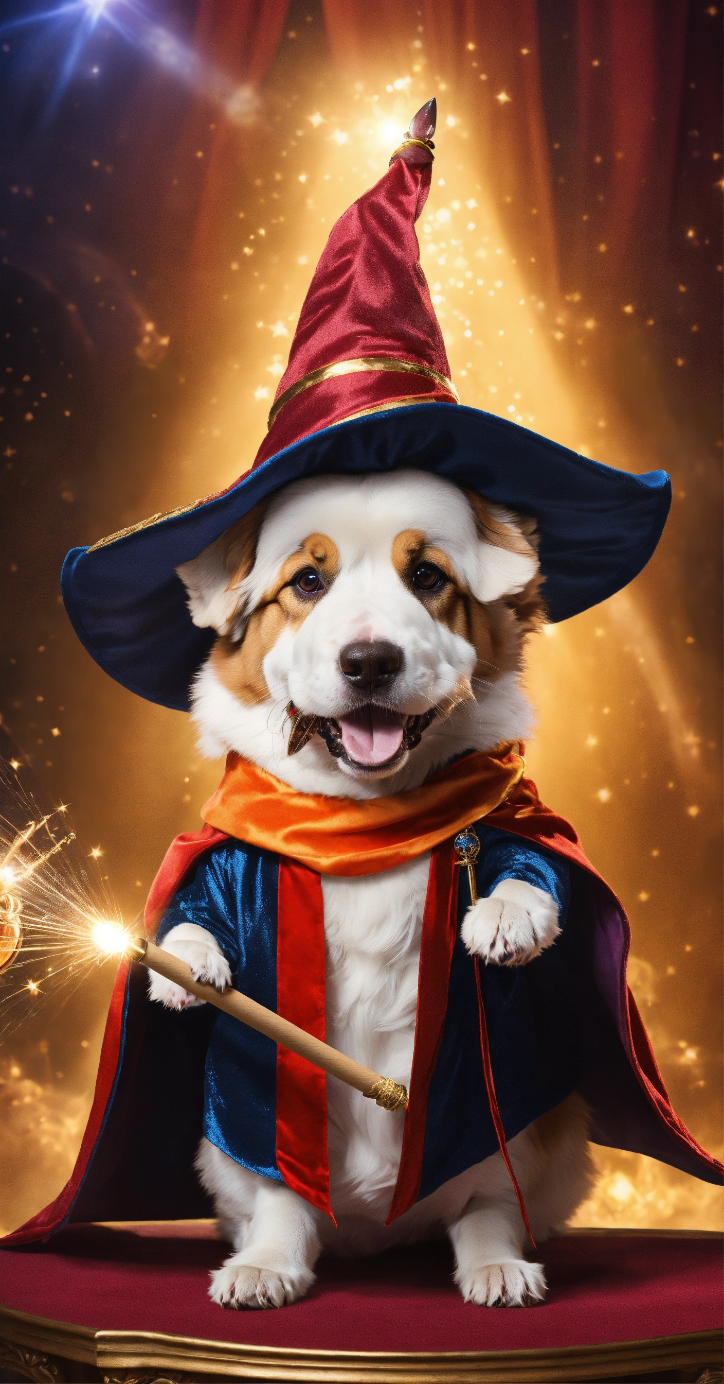 Lexica - Create an image of a dog dressed as a wizard, holding a grand ...