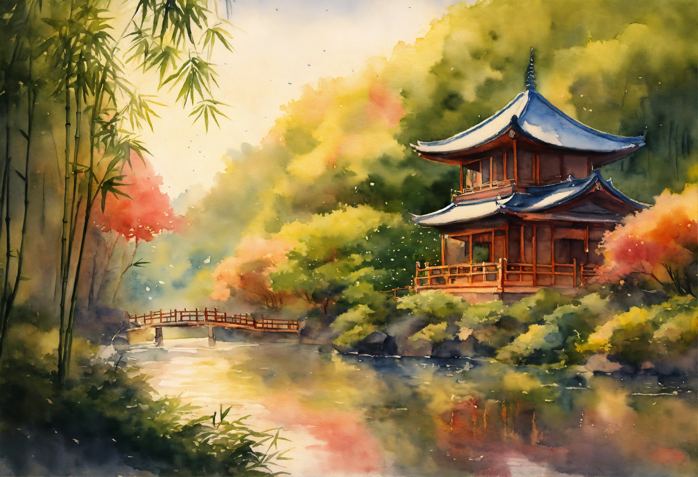 Lexica - Watercolour painting, pagoda, pastel colours, warm light ...