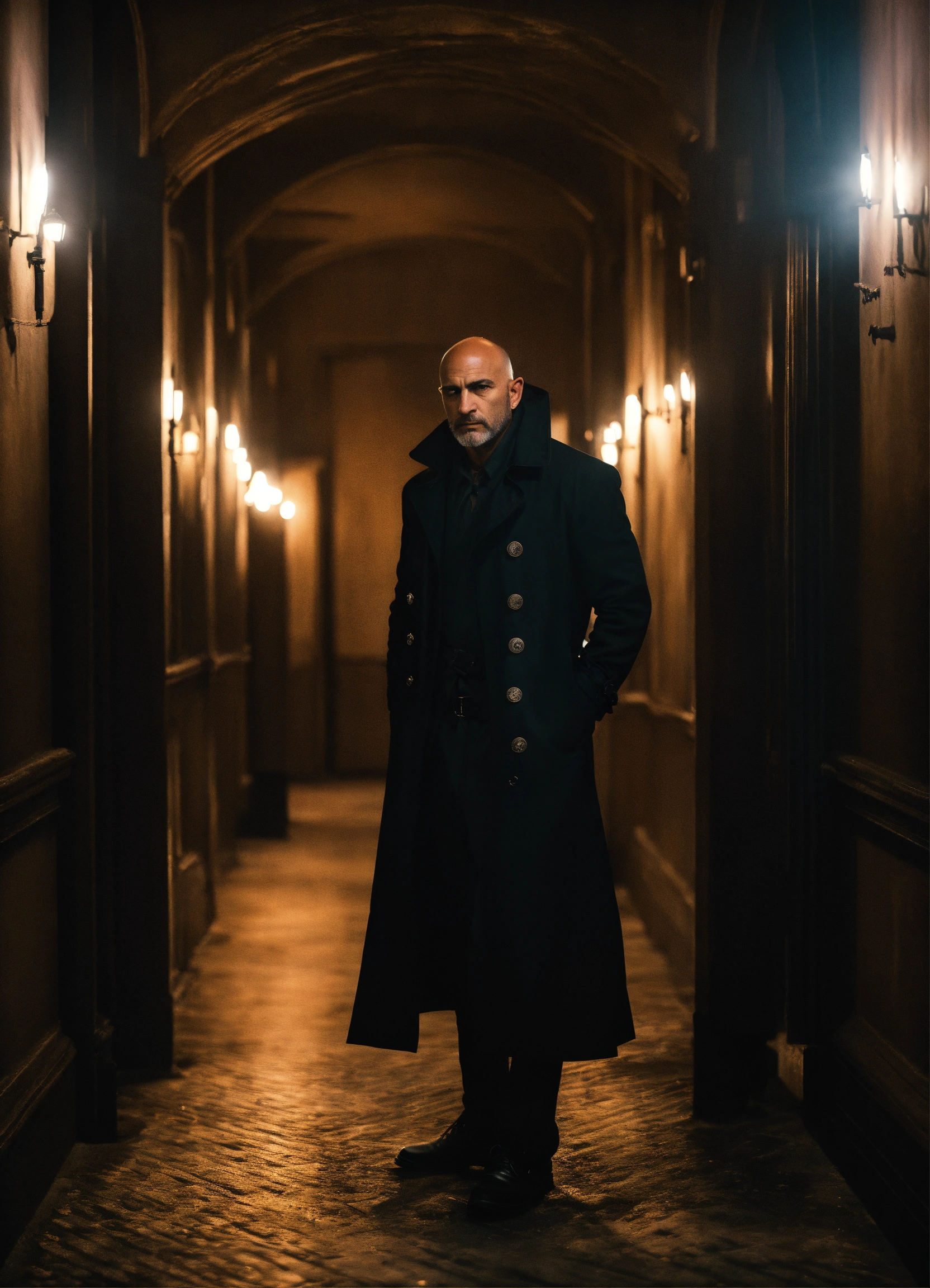 Lexica - A stoic, handsome bald man with minotaur horns in a black ...