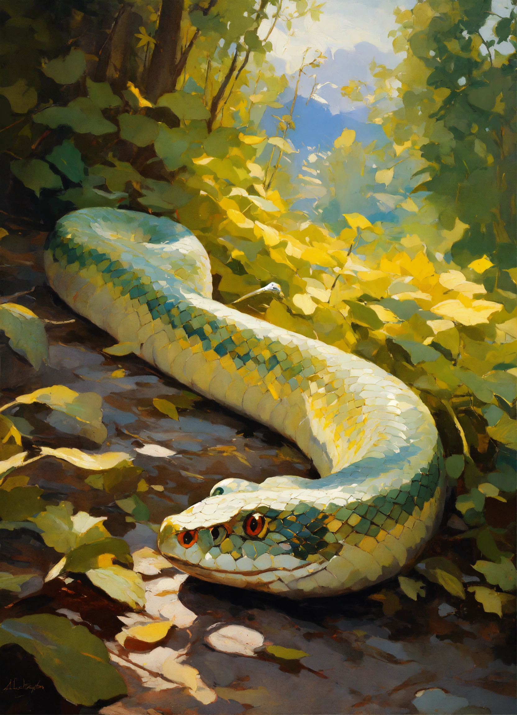Lexica - White beautiful snake with golden eyes on monsters leaves ...