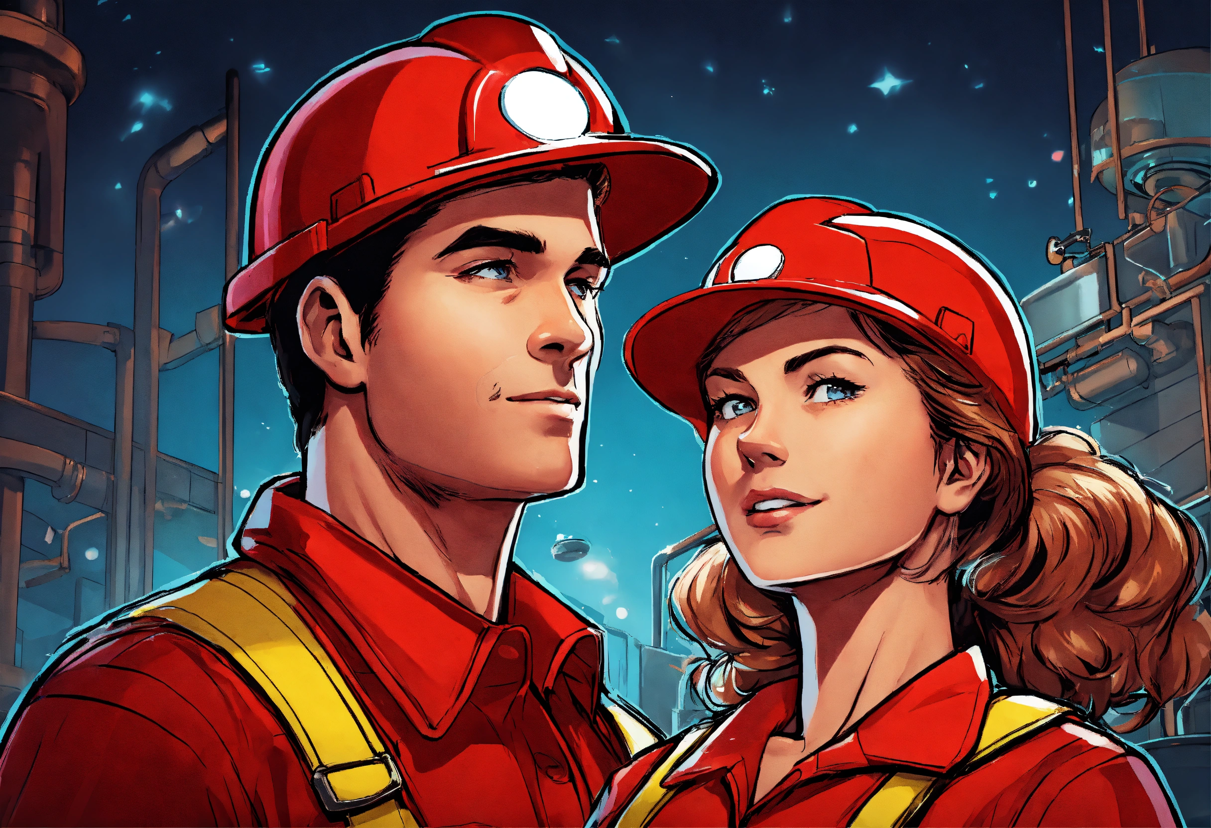 Lexica - Close up of two heroic plumber in a red outfit and red hard ...