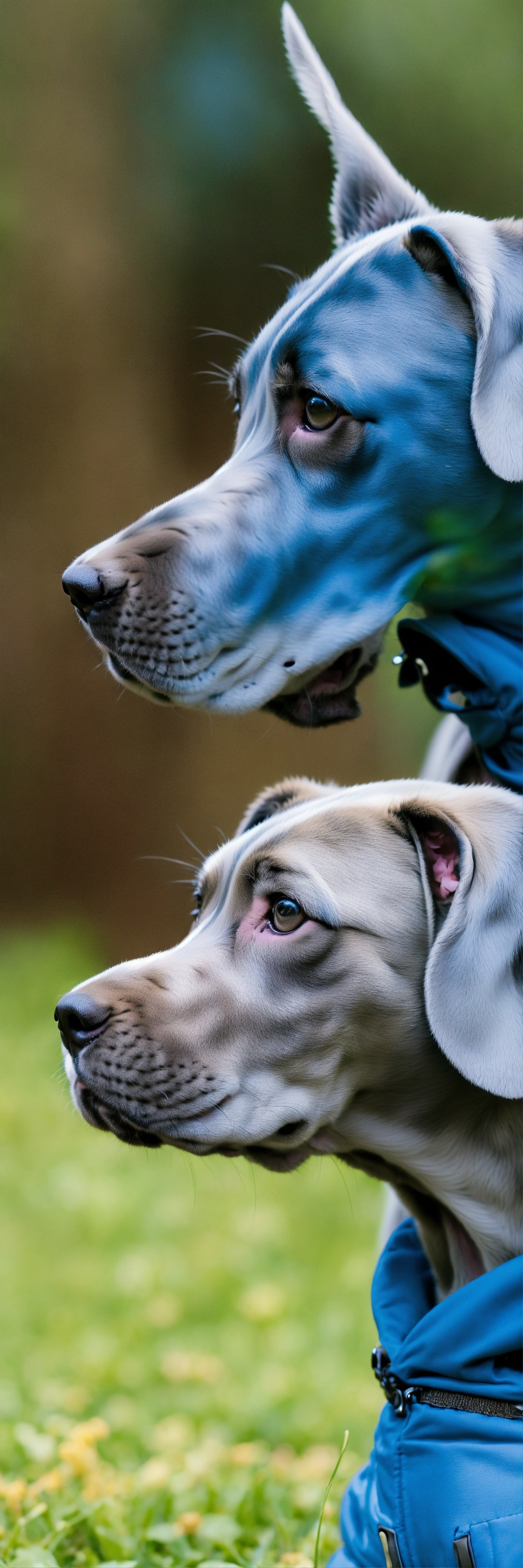 Lexica - 2 cheerful miniature great dane puppies wearing blue jackets.
